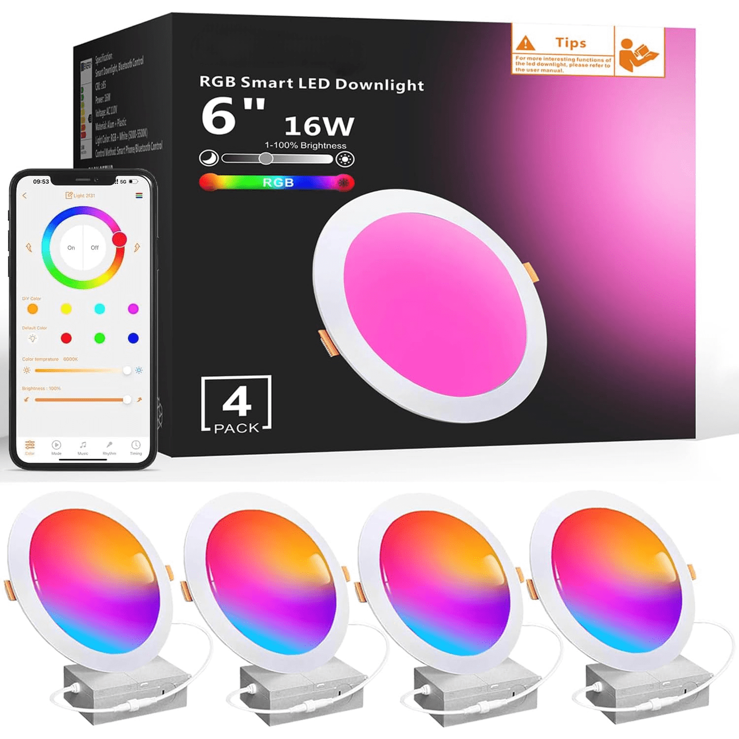 Recessed Lighting 6 inch, 4Pack RGBCW Recessed Ceiling Lights with ...