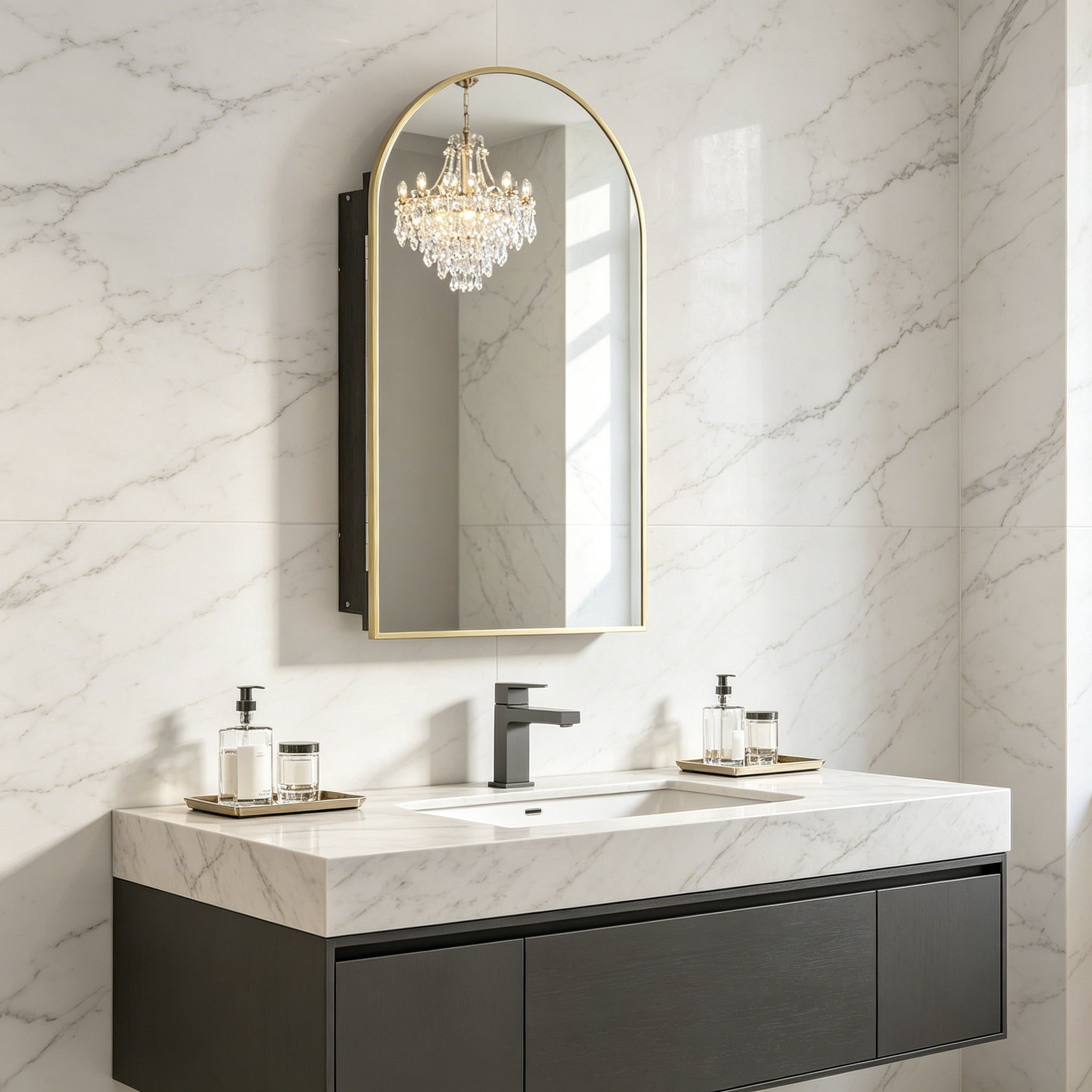 Recessed Medicine Cabinet Mirror, Brushed Brass Gold Arched Medicine ...
