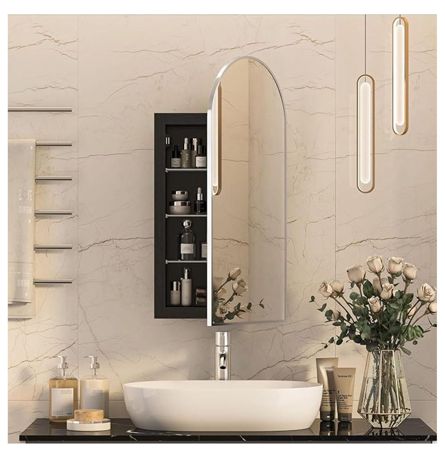 Recessed Medicine Cabinet Mirrors for Bathroom,Arched Medicine Cabinet with Mirror,Metal Edge ...