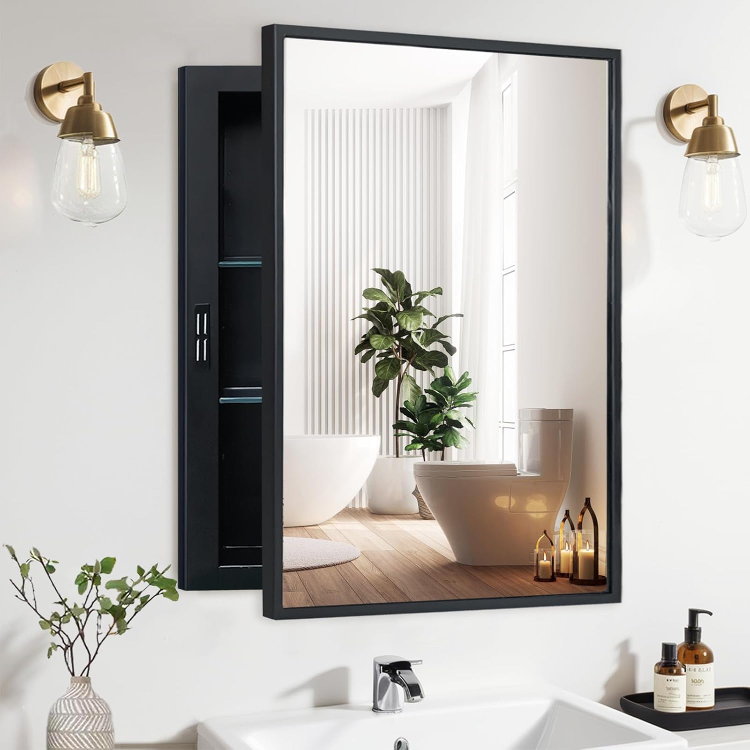 Recessed Medicine Cabinets with Mirror, Black Bathroom Mirror with ...