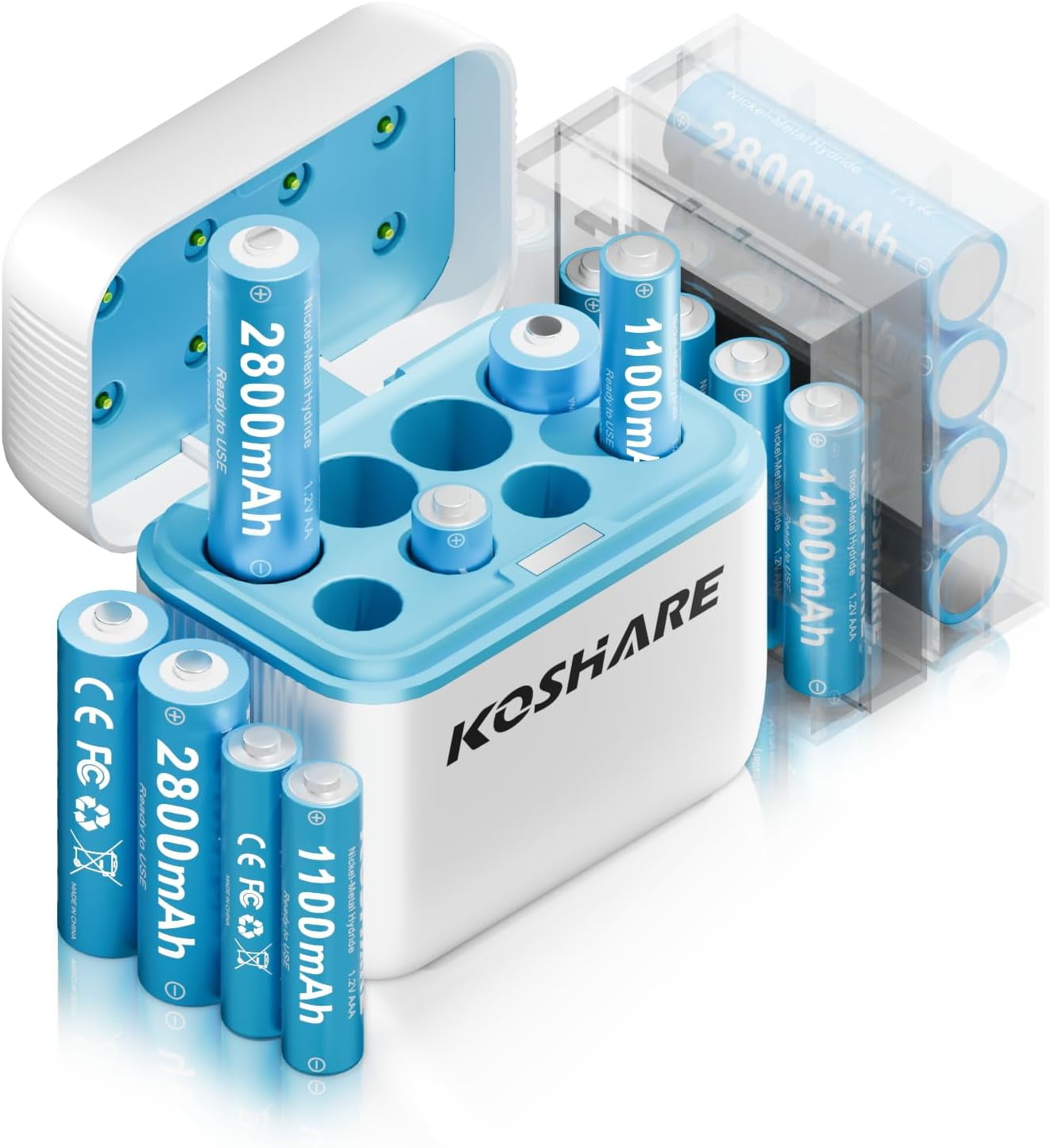 Recharable AA AAA Batteries with Charr 16Pcs,1.2V Ni-MH 8 * 2800mAh and ...