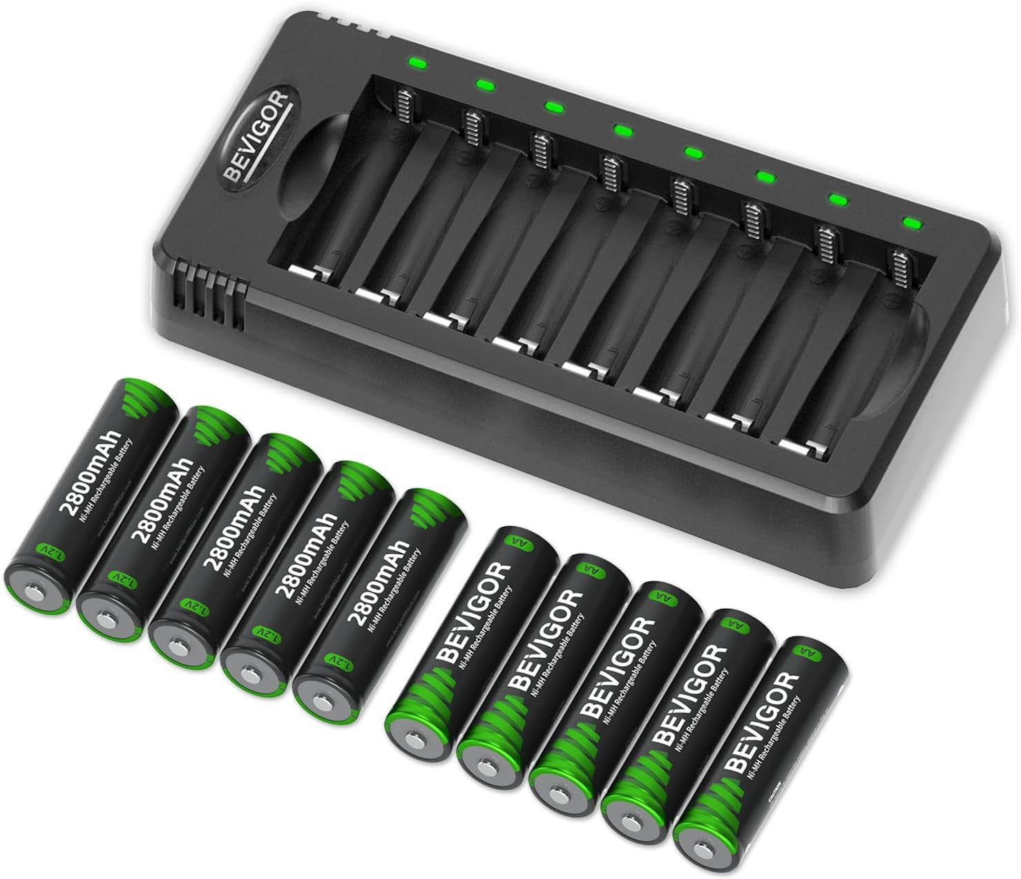 Recharable AA Batteries with Charr, 10 Pack 2800mAh High Capacity Ni-MH ...