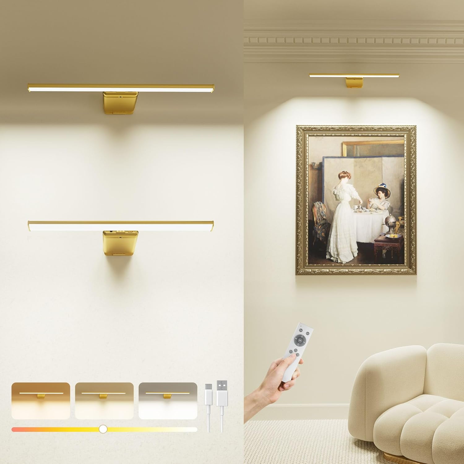 Rechargeable 12000mAh Picture Light for Wall with Remote, 3 Color Temps ...