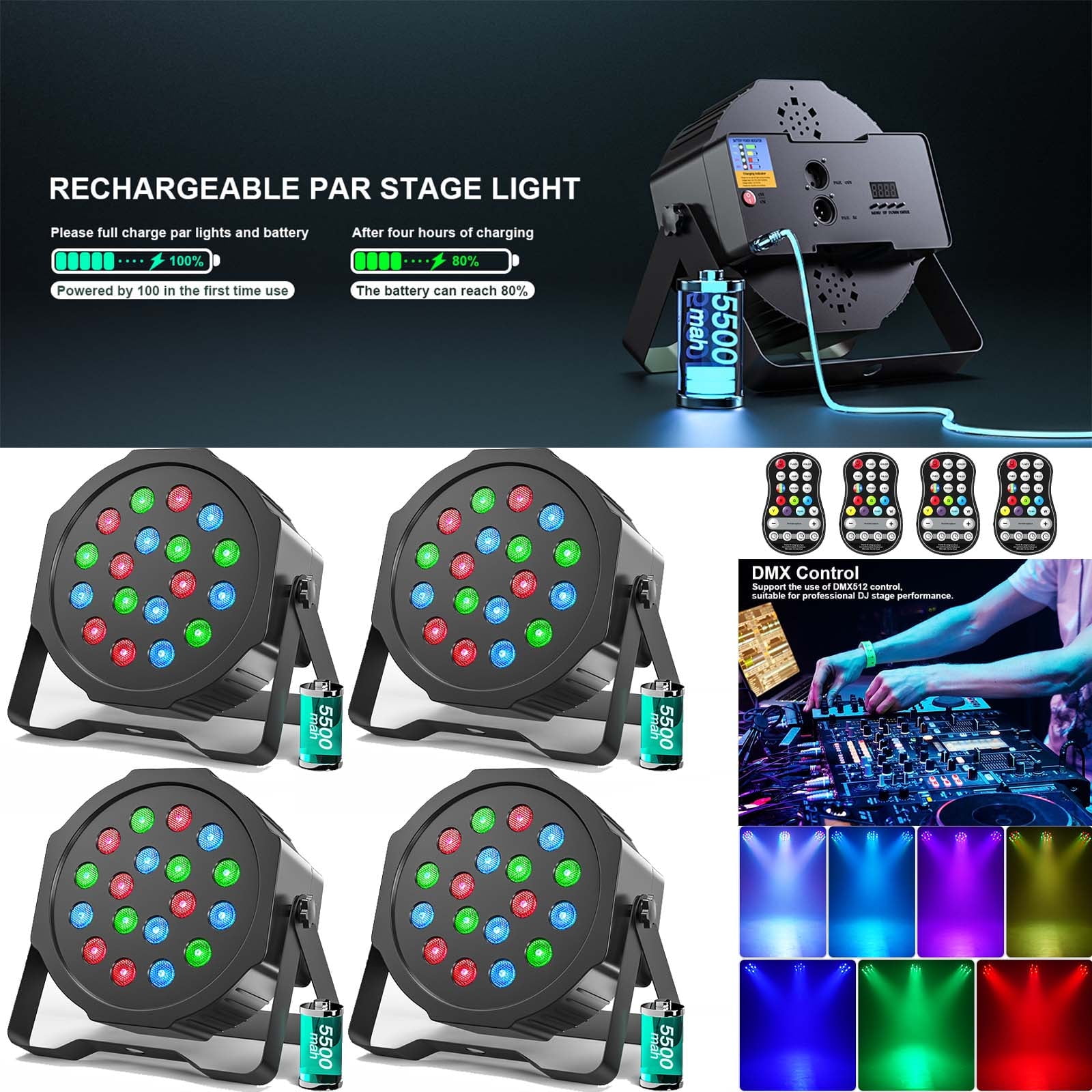 Rechargeable 18 LED Par Lights RGB DMX Stage Lights with Remote Control ...