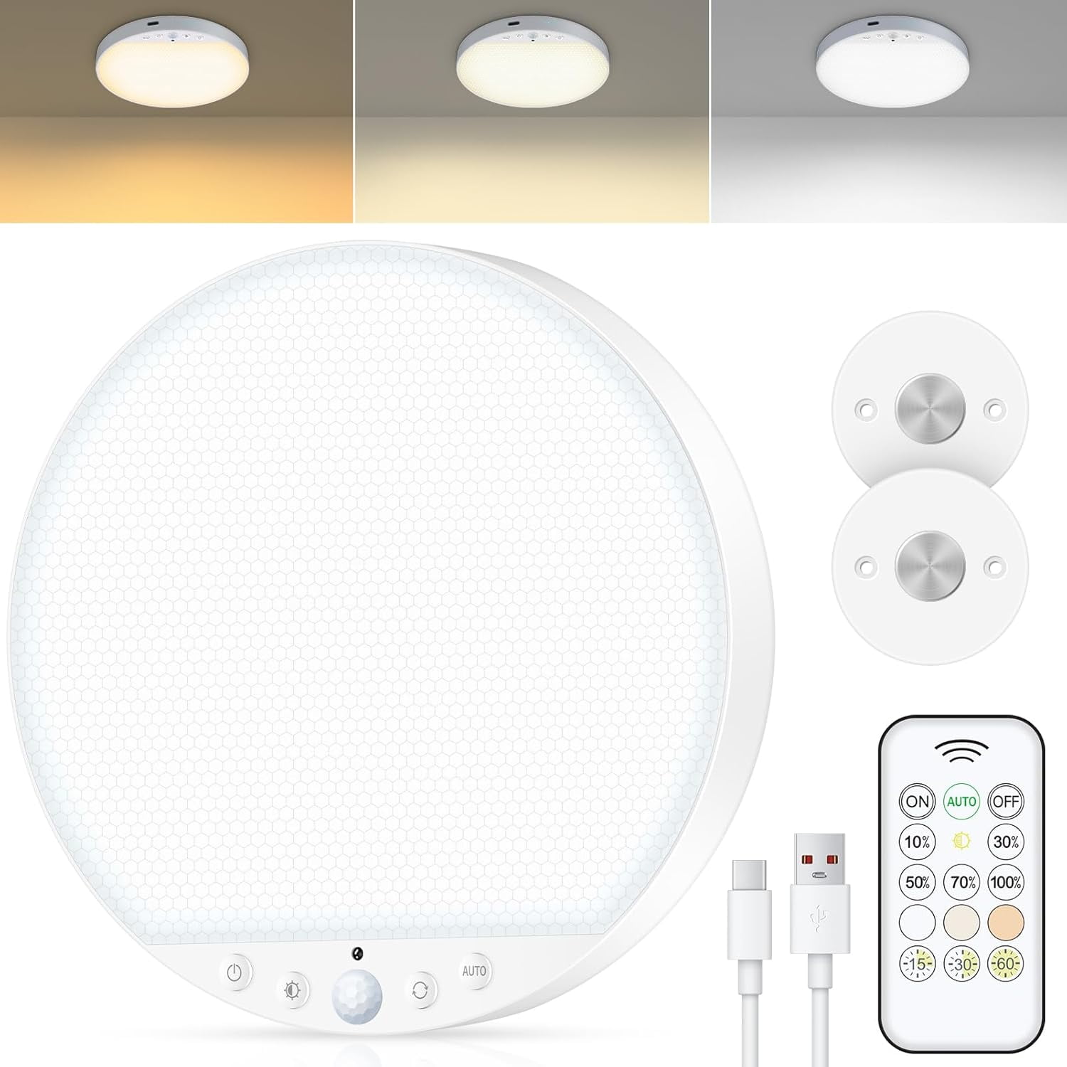 Rechargeable 6W Motion Sensor Ceiling Light, Wireless Magnetic Stick-On, Remote Control for ...