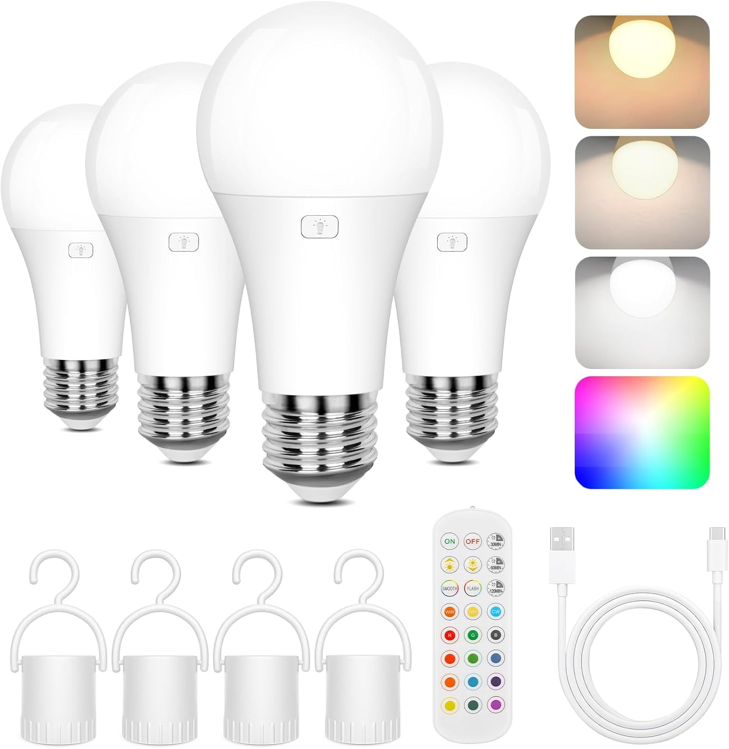 Rechargeable Battery Operated A19 Light Bulb with Remote Control 4 ...