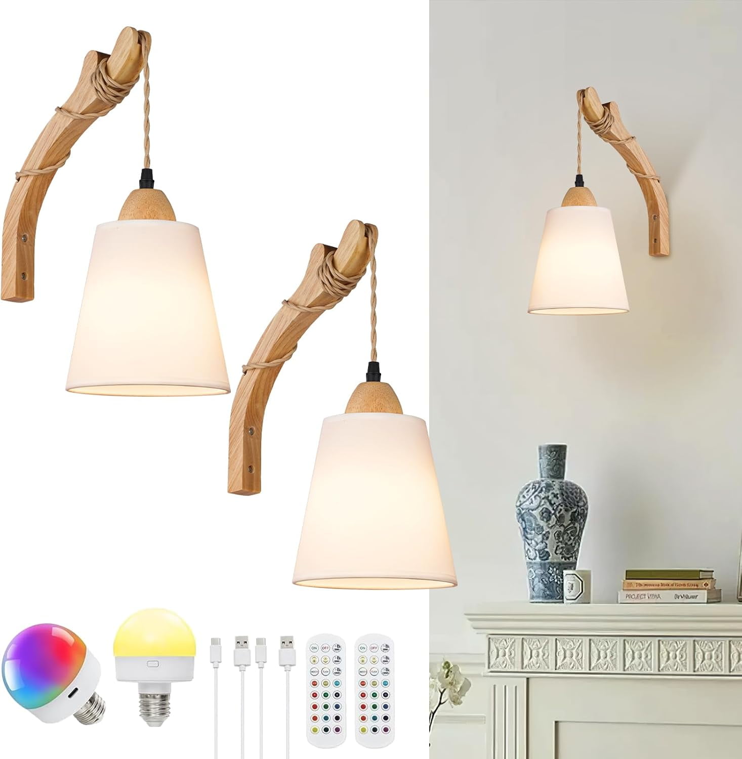 Rechargeable Battery Operated Wall Sconces, Fabric Wall Lights with Antler Wooden Mount, Remote ...
