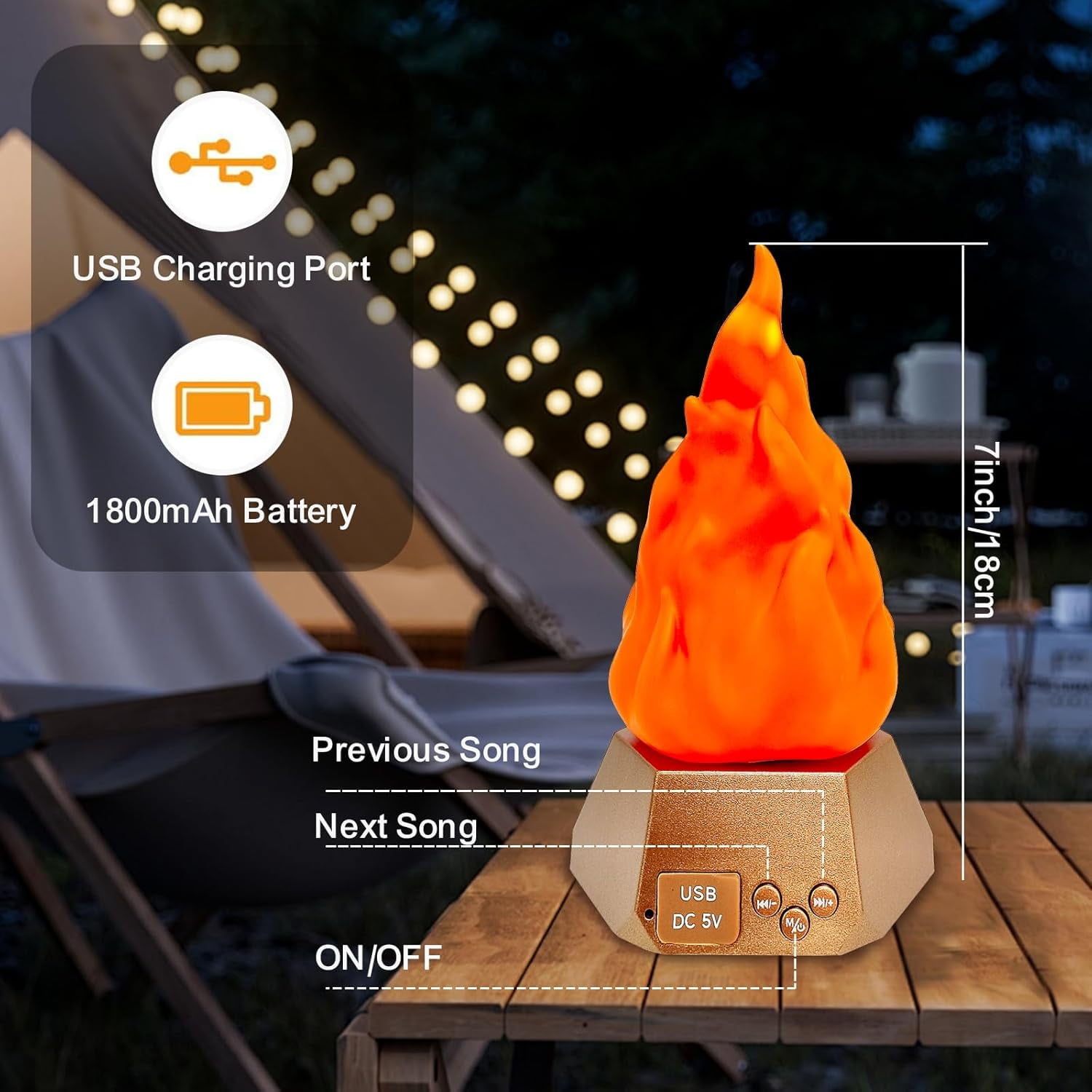 Rechargeable Bluetooth Speaker Flame Night Light, 3 Modes, Indoor ...