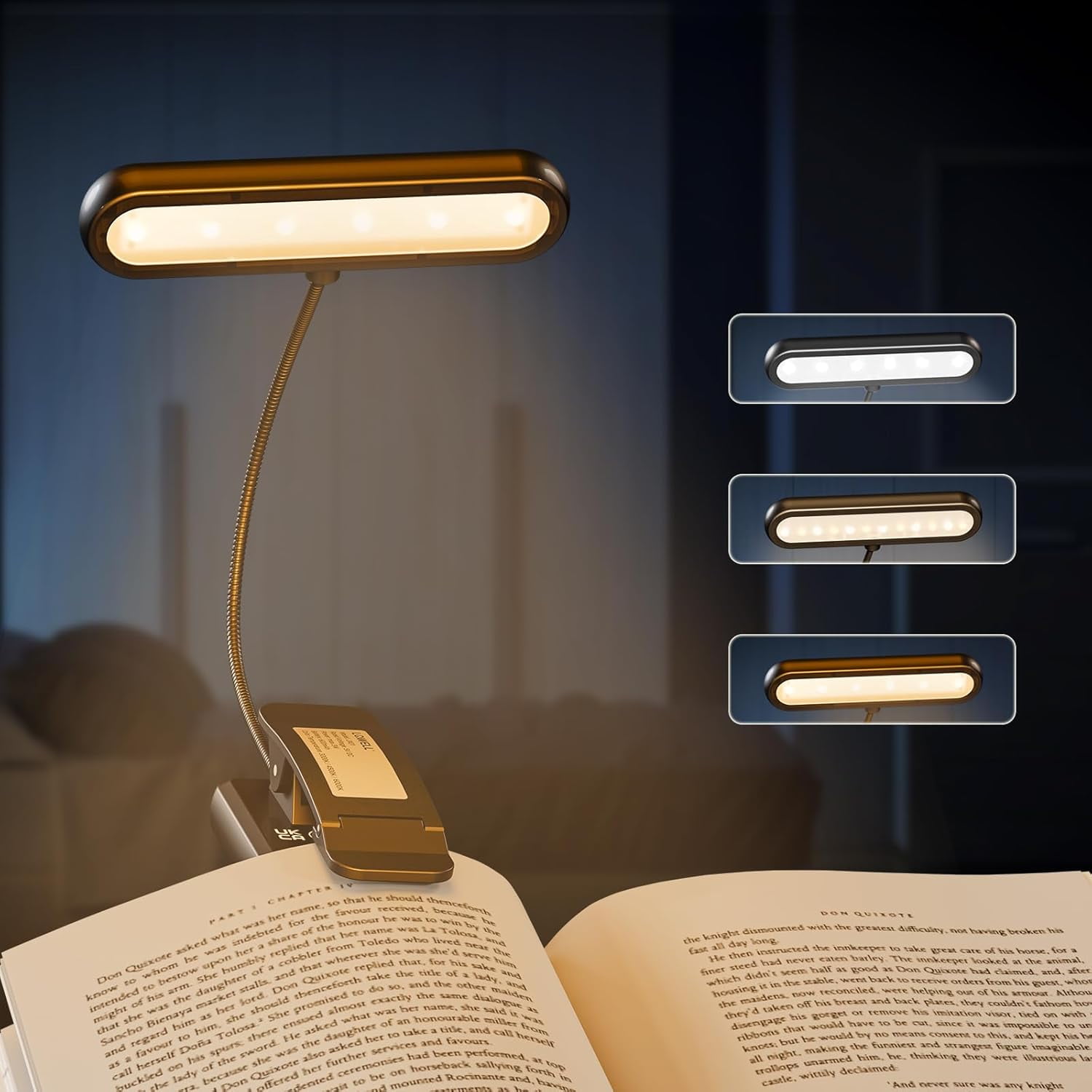 ® Rechargeable Book Light for Reading in Bed, Clip-on Bookmark Reading Light-Eye Caring 3 Color ...