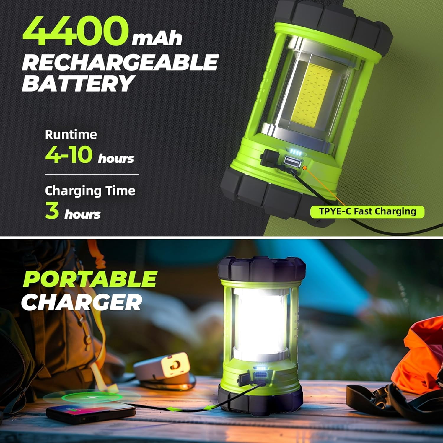 Rechargeable Camping Lantern, 3000LM 5 Light Modes Camping Light 4400 ...