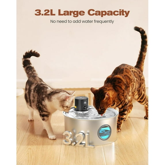 Rechargeable Cat Water Fountain, 3.2L / 108oz Cordless Stainless Steel ...