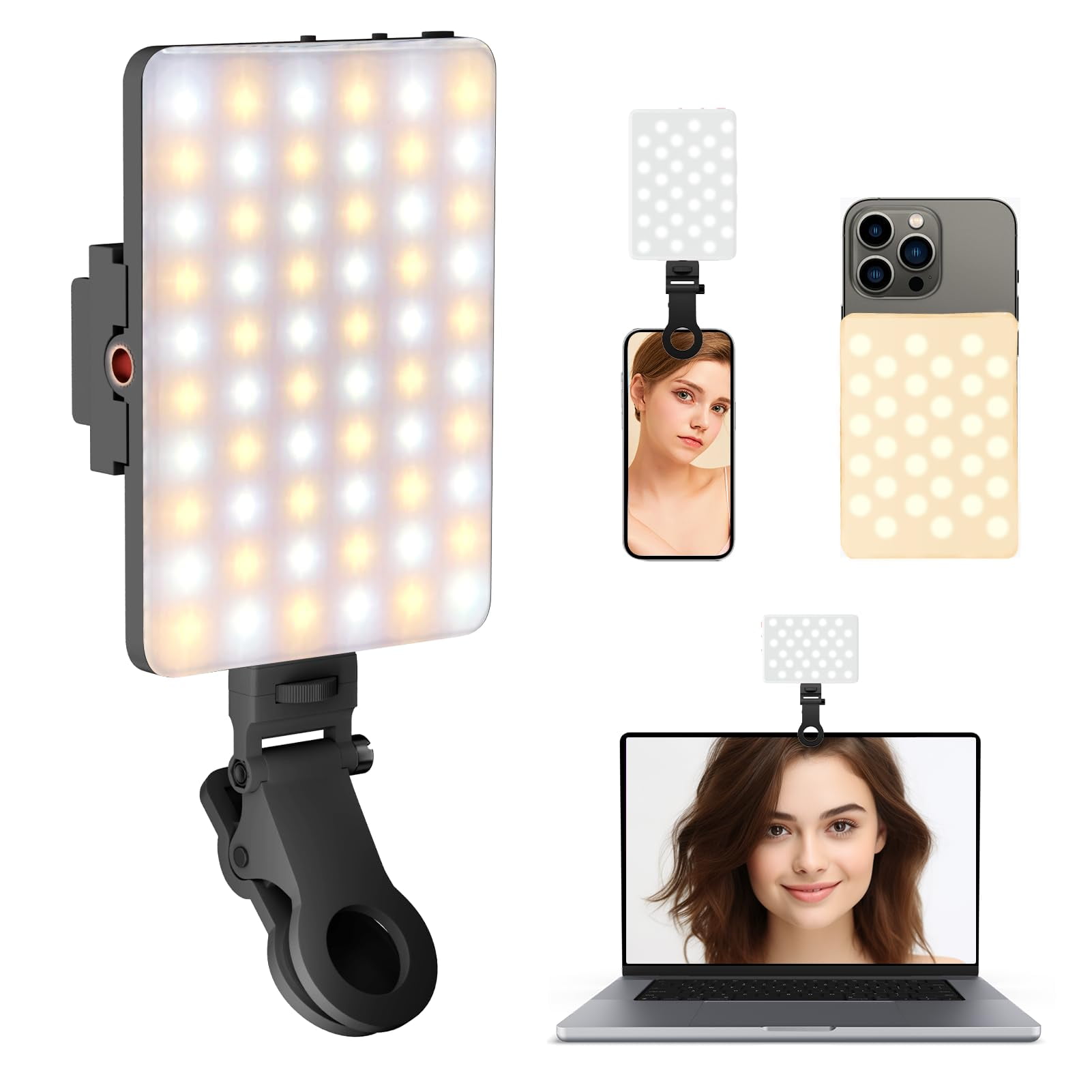 Rechargeable Clip Selfie Light,60 LED Portable Video Conference Fill Light with Front & Back ...