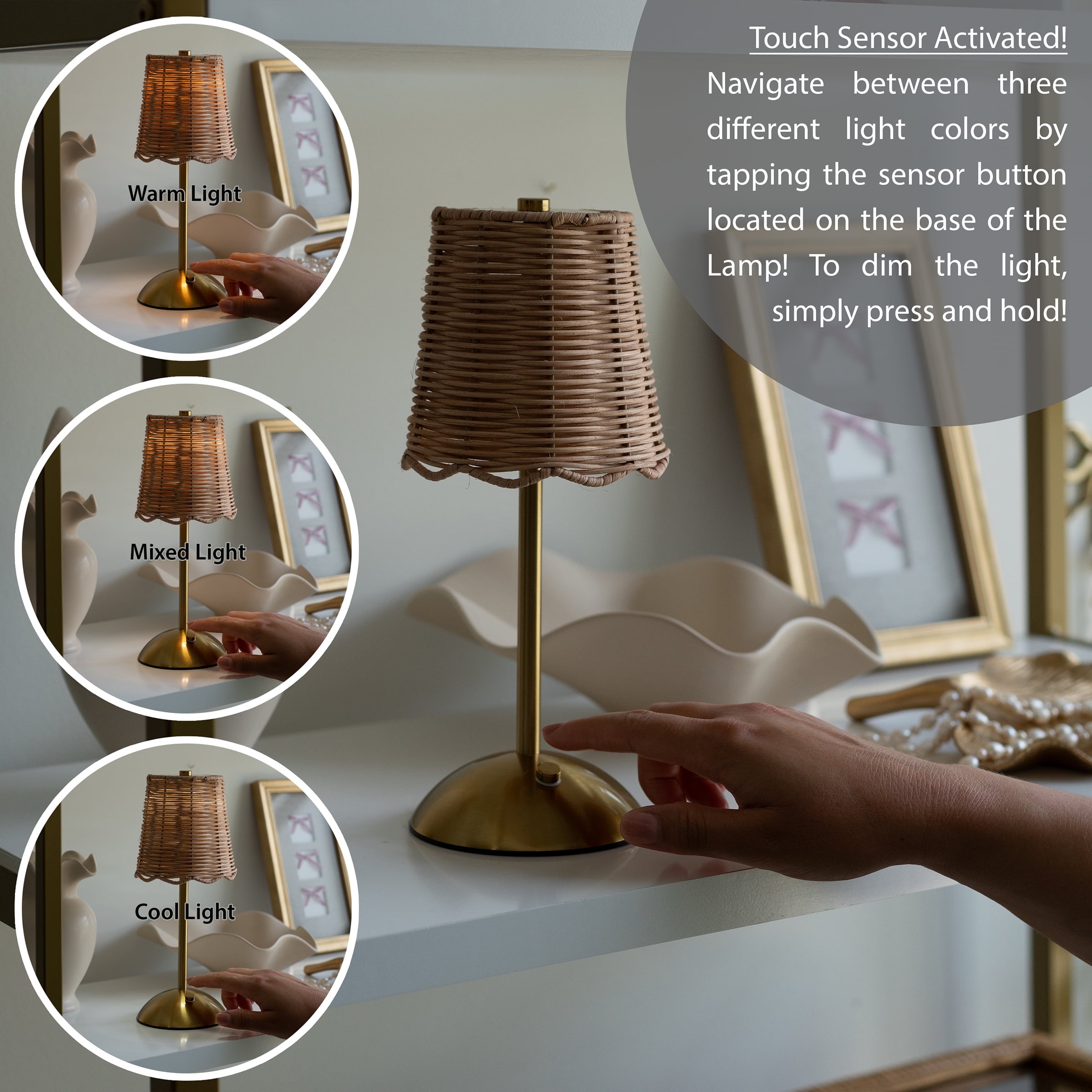 Rechargeable Cordless Table Lamp with Rattan Shade Gold Finish Touch ...