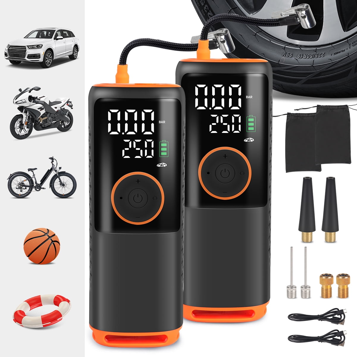 Rechargeable Cordless Tire Inflator -2 Pack- 150 PSI Gauge Portable Air ...