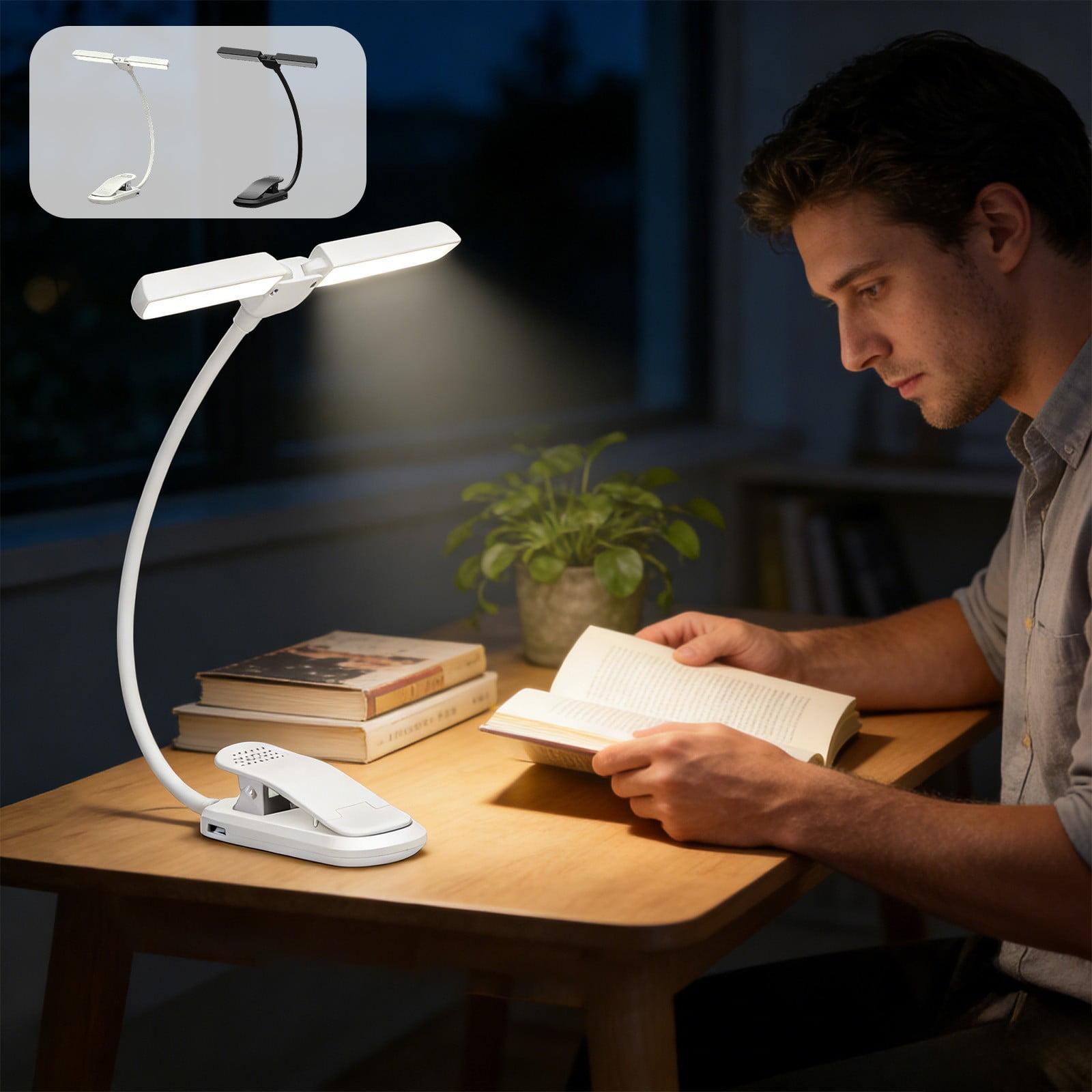 Rechargeable Double Head LED Desk Lamp with Clip, Adjustable Brightness ...