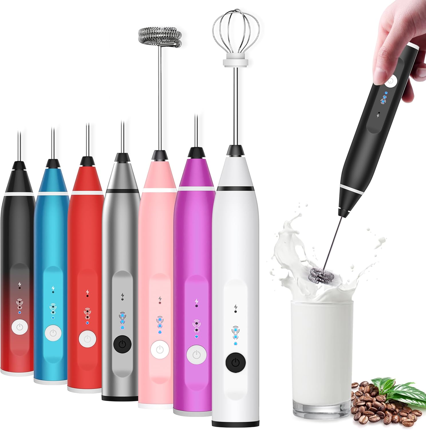 Rechargeable Electric Milk Frother with 2 Stainless Steel Whisks, 3 ...