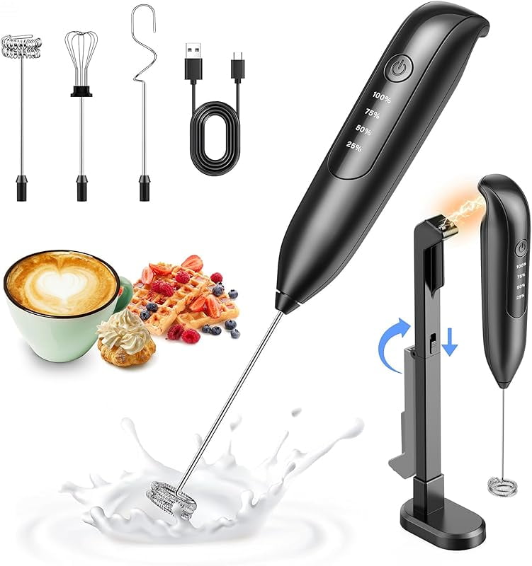 Rechargeable Electric Milk Frother Handheld, 3-Speed Stainless Steel ...