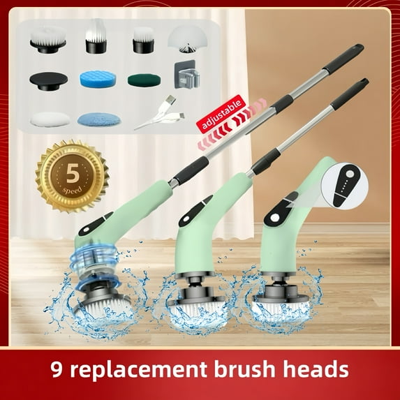 Rechargeable Electric Rotary Scrubber - 2H Runtime, 5 Speeds, 9 Brush ...