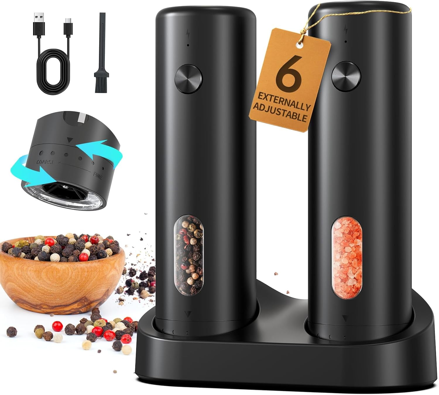Rechargeable Electric Salt and Pepper Set with Base, Automatic Pepper ...