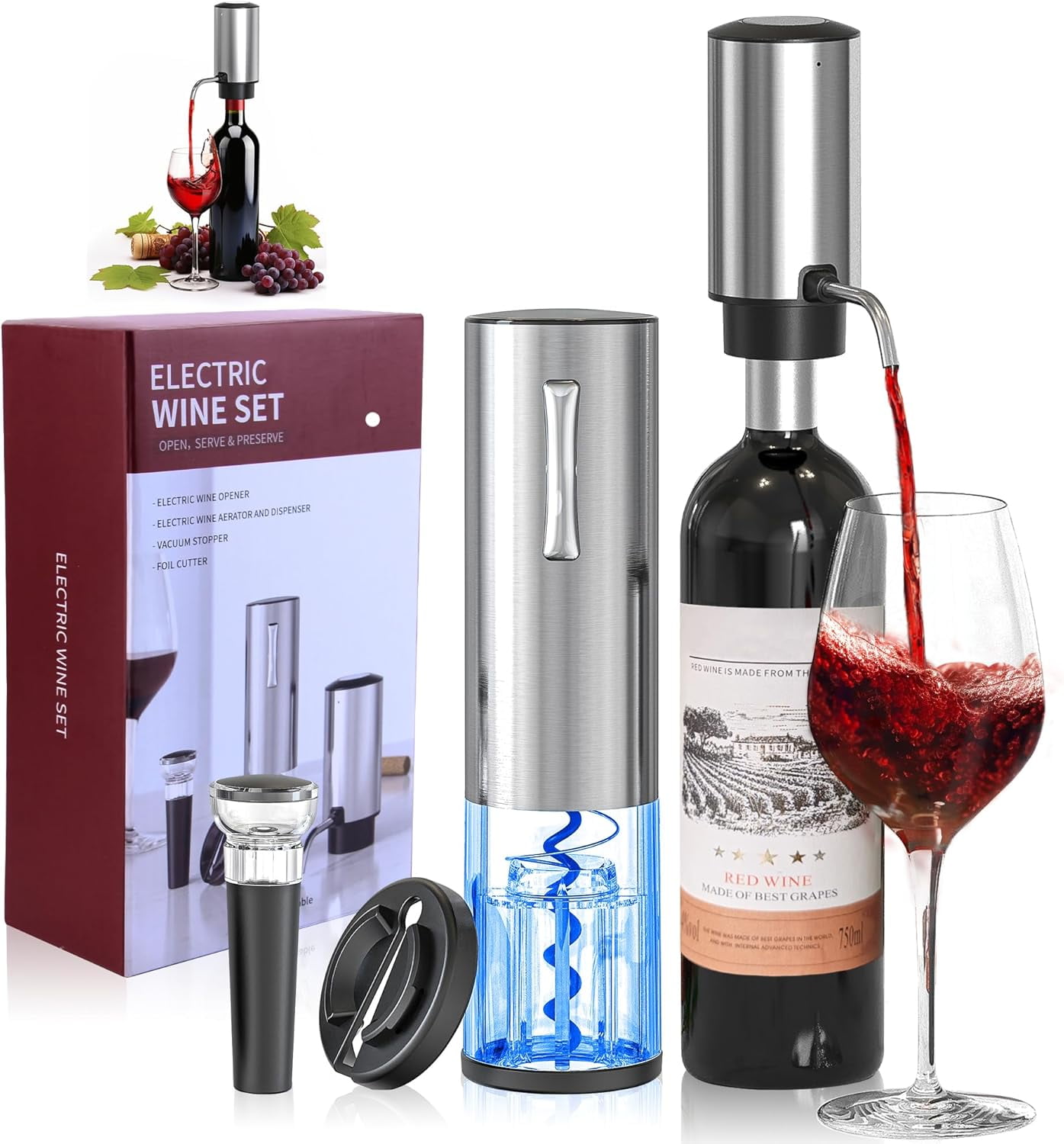Rechargeable Electric Wine Opener Set with Aerator, Vacuum Stoppers ...
