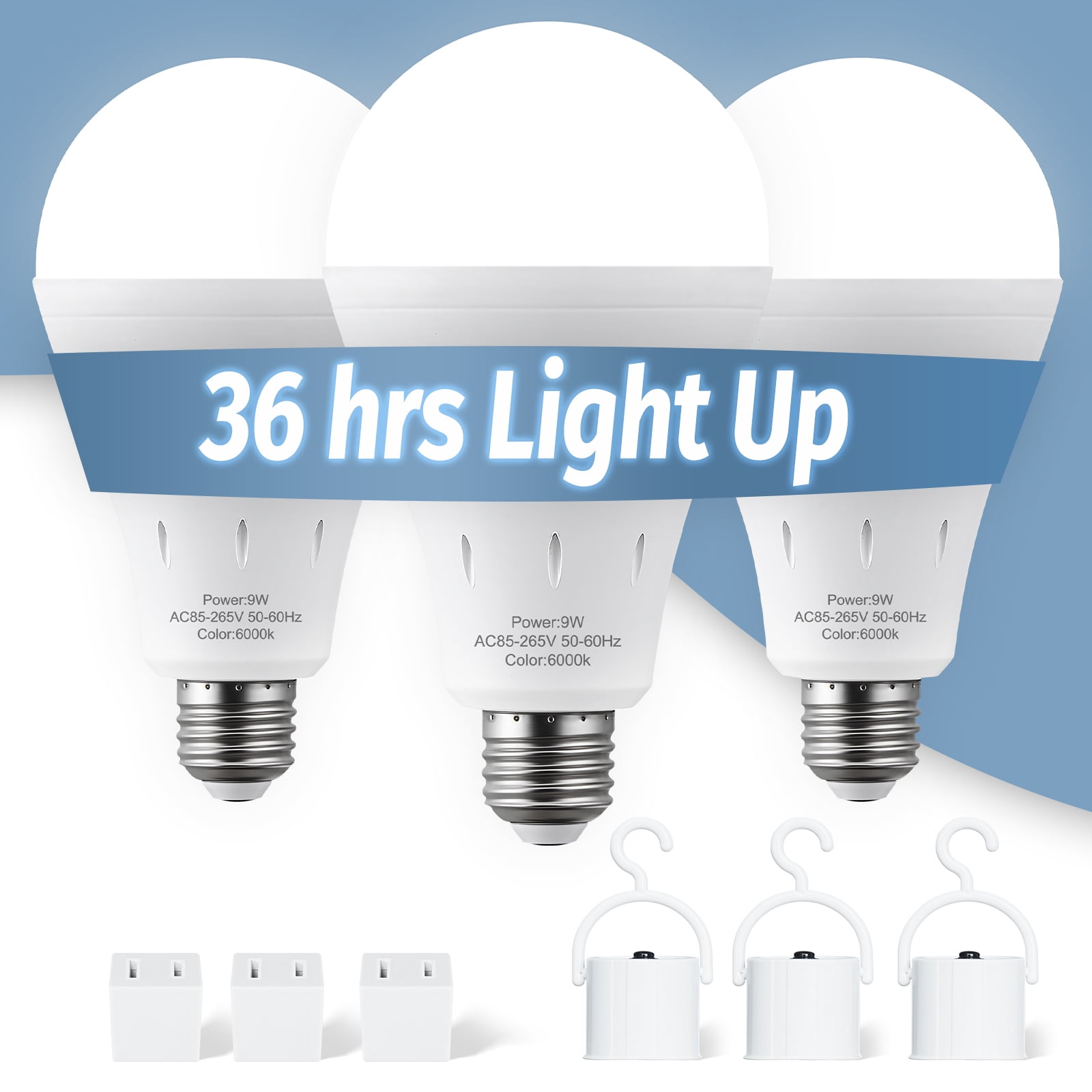 3 Pack Rechargeable Emergency Light Bulb, A19 9W Cold White 6000K Self ...