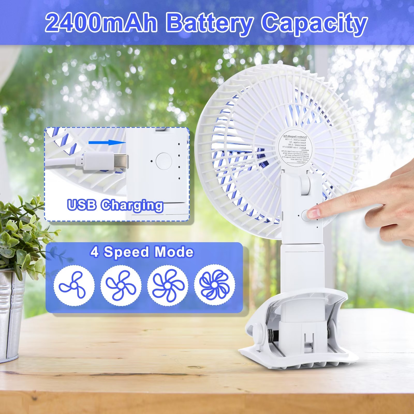 Rechargeable Fan with LED Lamp, Portable Clip-on Desk Fan with 4 Speed ...