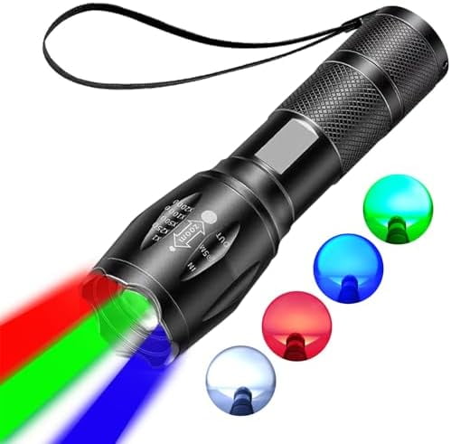 Rechargeable Flashlight - 4 Color Modes: White, Red, Blue, Green - Long ...