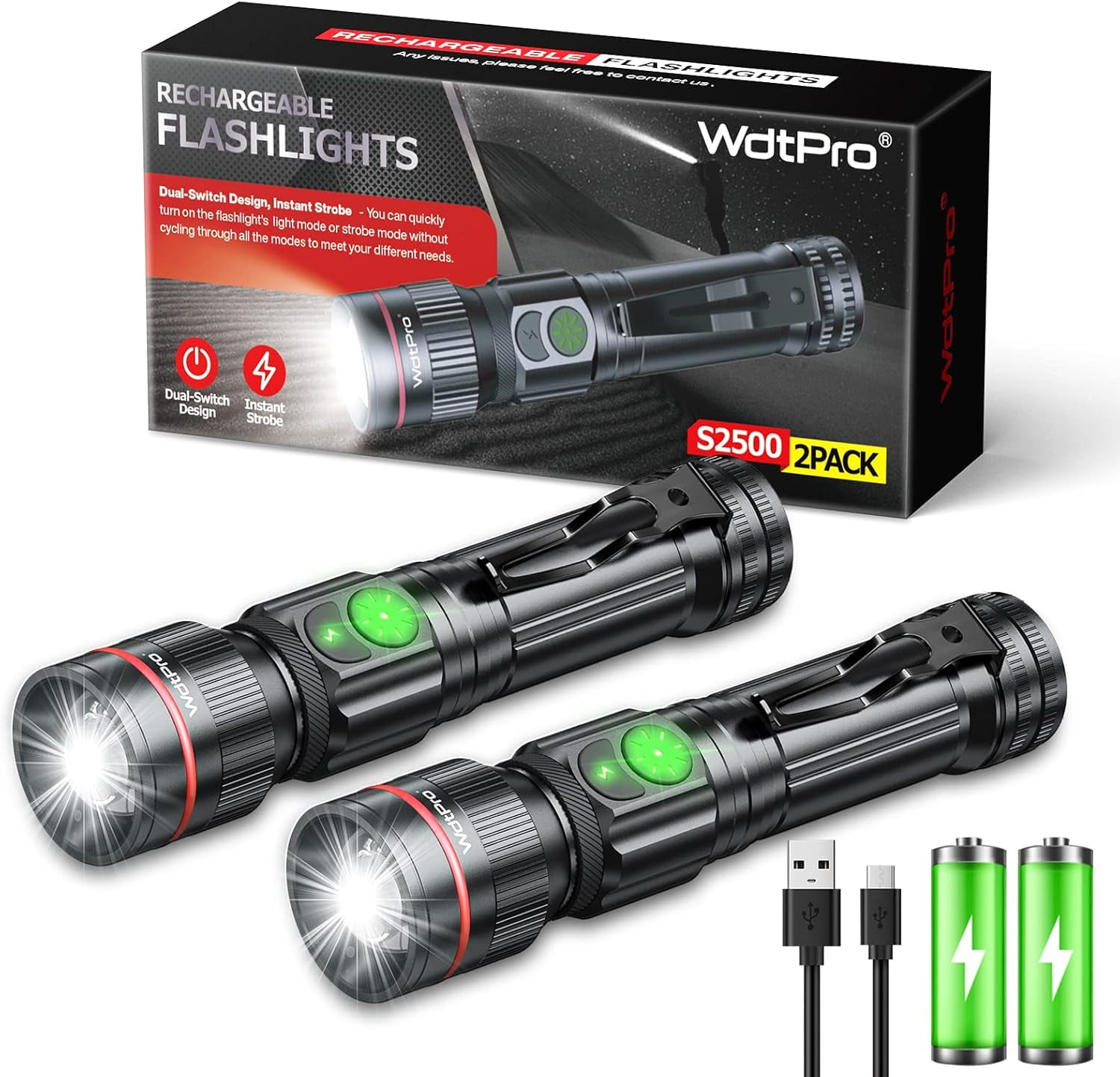 Rechargeable Flashlight Dual Switch, High Lumens Bright Small LED ...
