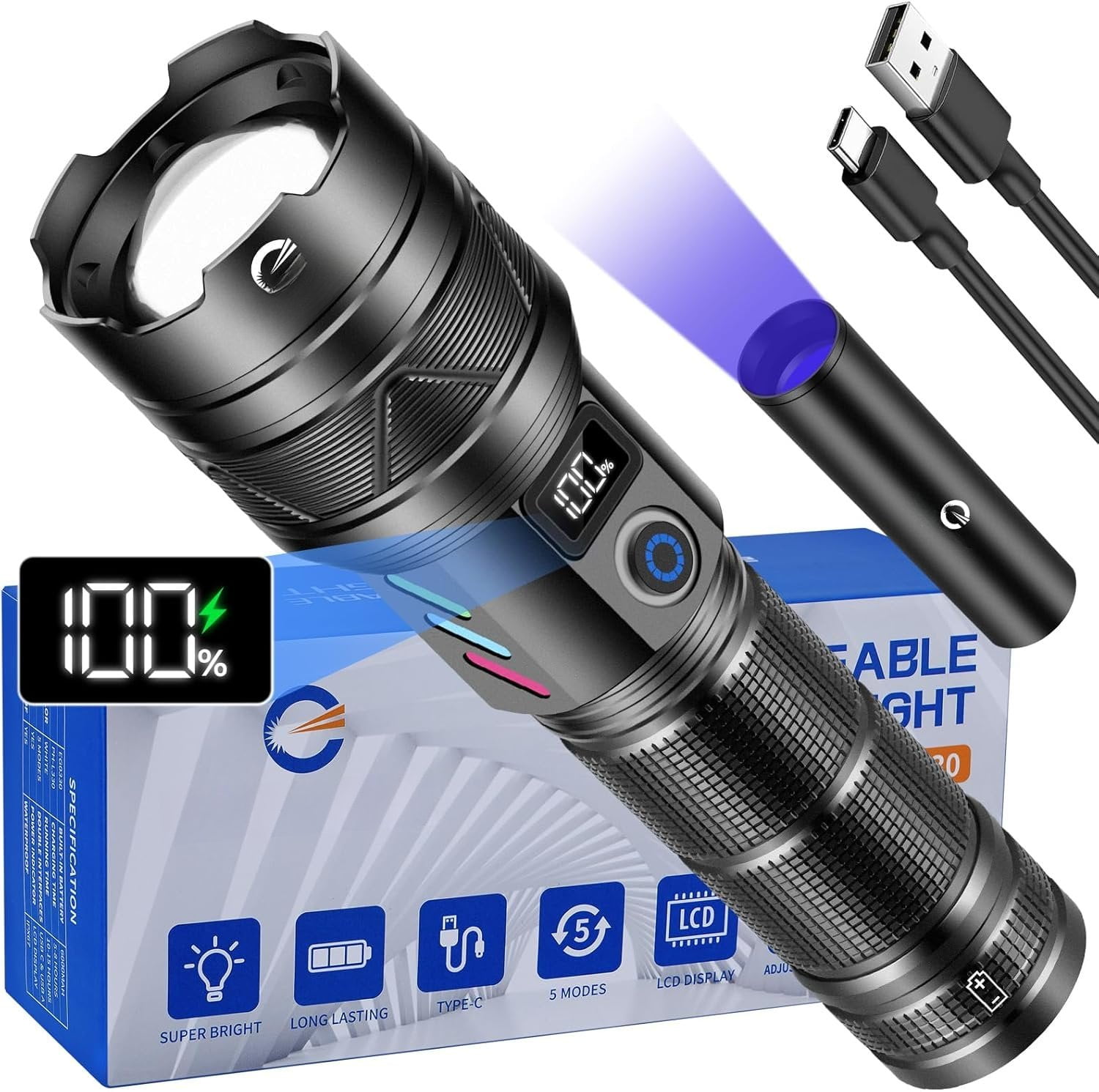 Rechargeable Flashlights 10000 High Lumens, Long Range 5000ft, Super ...