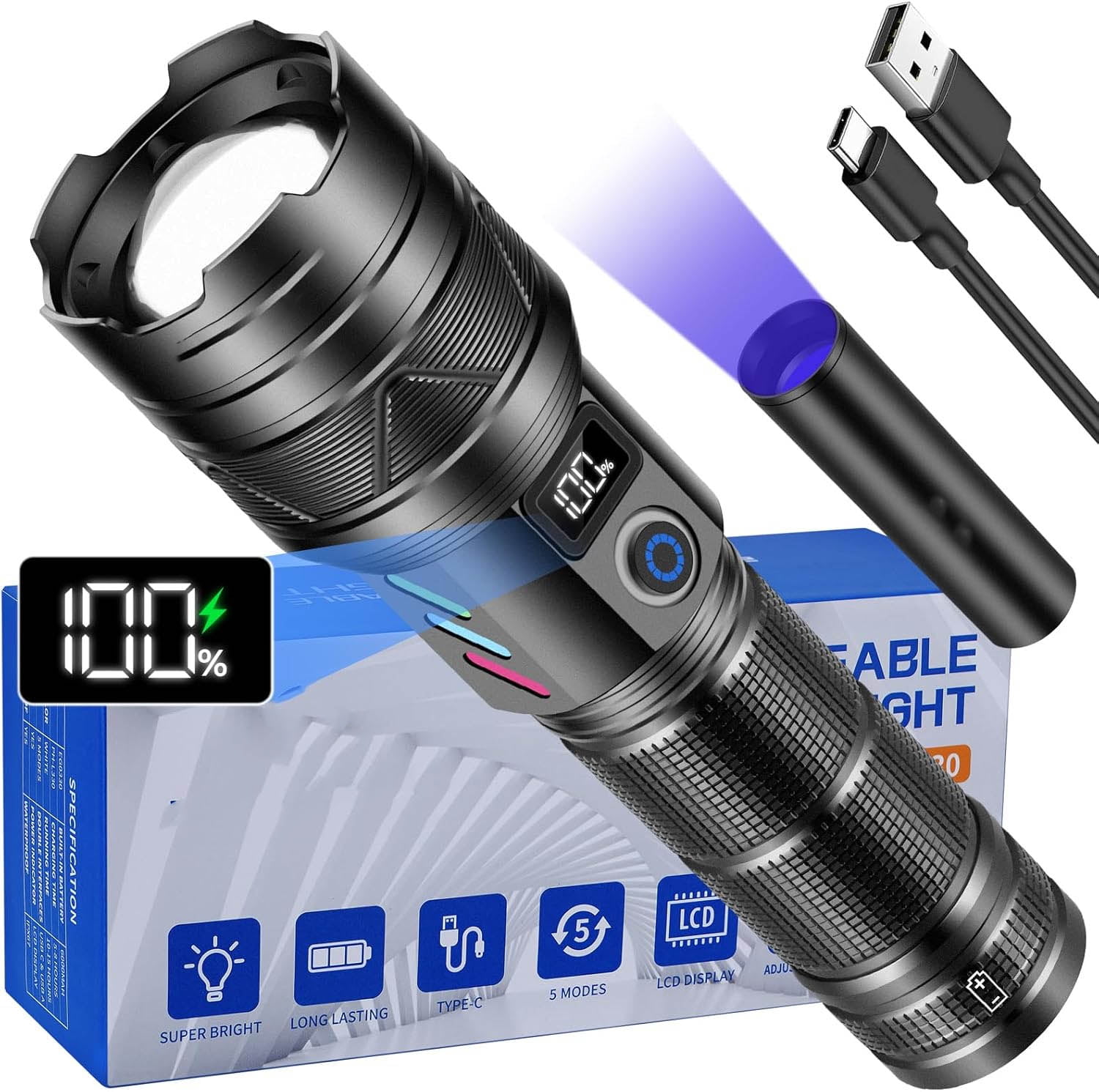 Rechargeable Flashlights High Lumens, Long Range, Super Bright LED ...