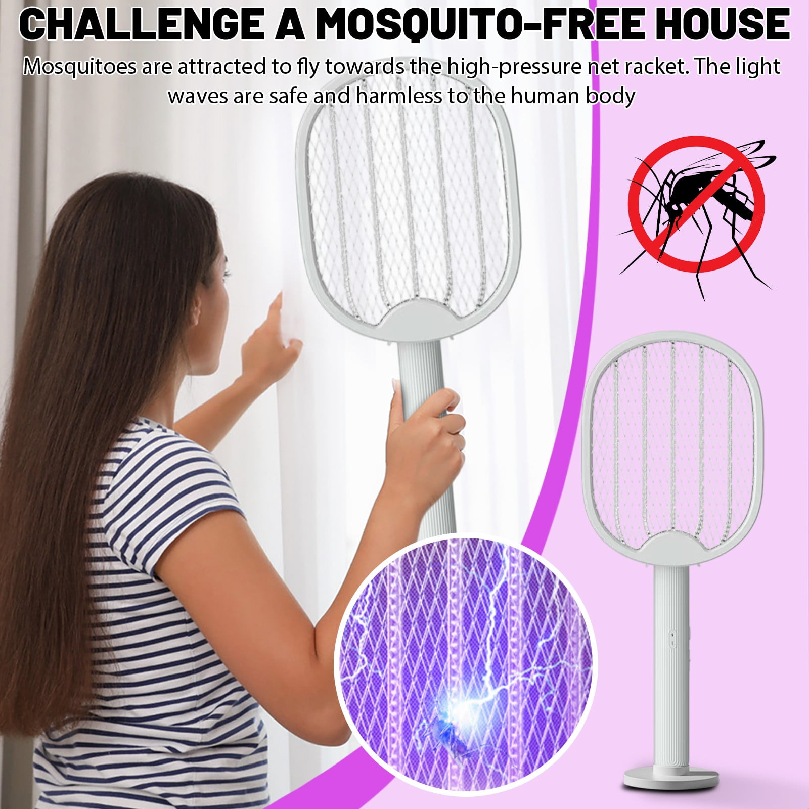Rechargeable Foldable Electric Mosquito Swatter with 3000V Power, 2-in ...