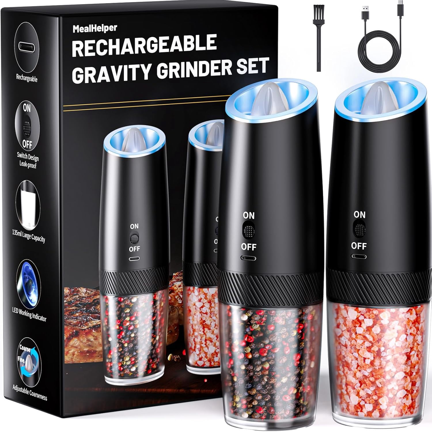 Rechargeable Gravity Electric Salt and Pepper Grinder Set with LED ...