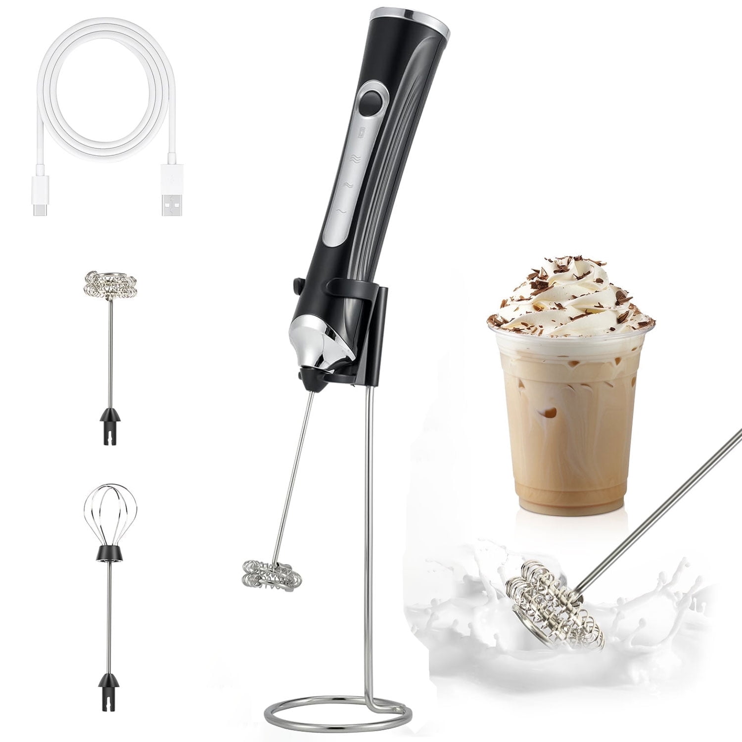 Rechargeable Milk Frother Wand, 3-Speed Handheld Mixer, Easy-Clean ...