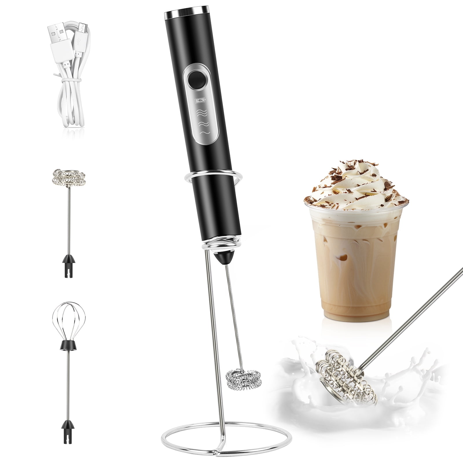 Rechargeable Handheld Milk Frother with 3 Speeds with 2 Heads Coffee ...