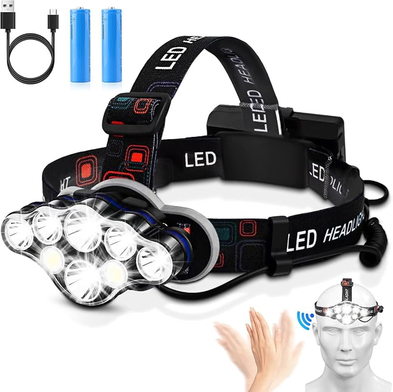 Rechargeable Headlamp,18000 Lumen Bright 8 Led Head Lamp, 16 Modes ...