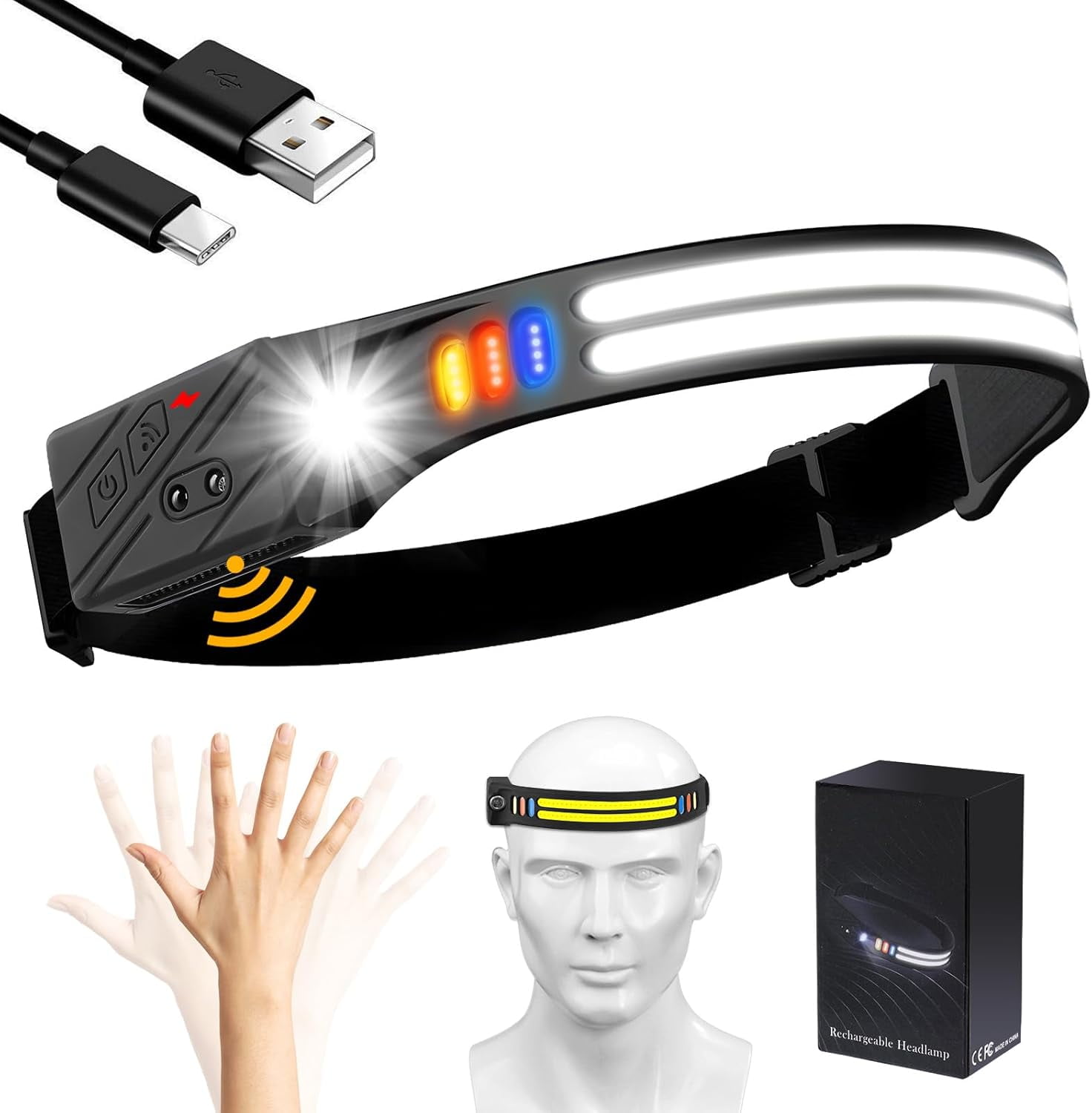 Rechargeable Headlamp, 230° Wide Beam LED Headlight Headband Flashlight ...