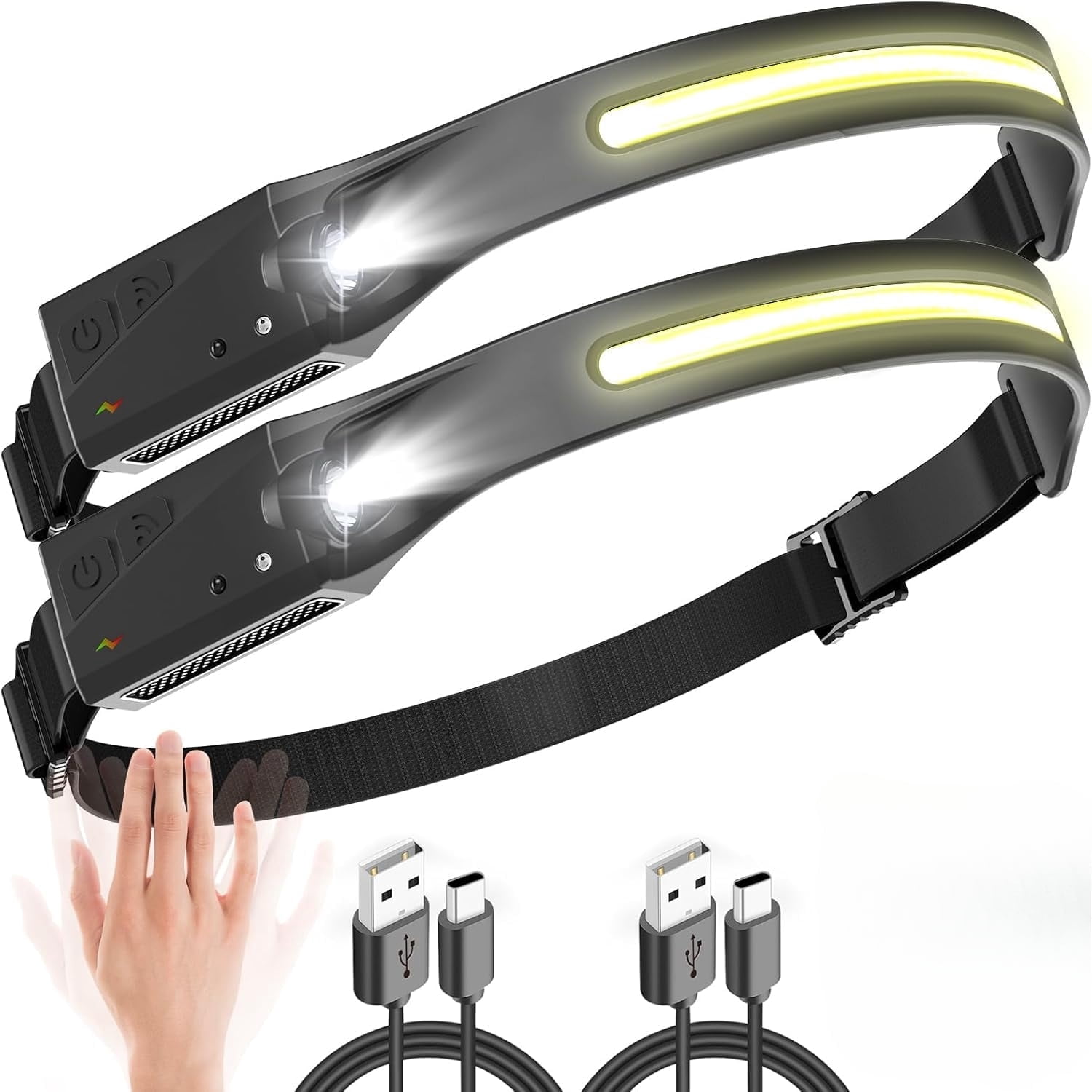 2pcs Rechargeable Headlamp, 230° Wide Beam LED, USB-C Motion Sensor, 5 ...
