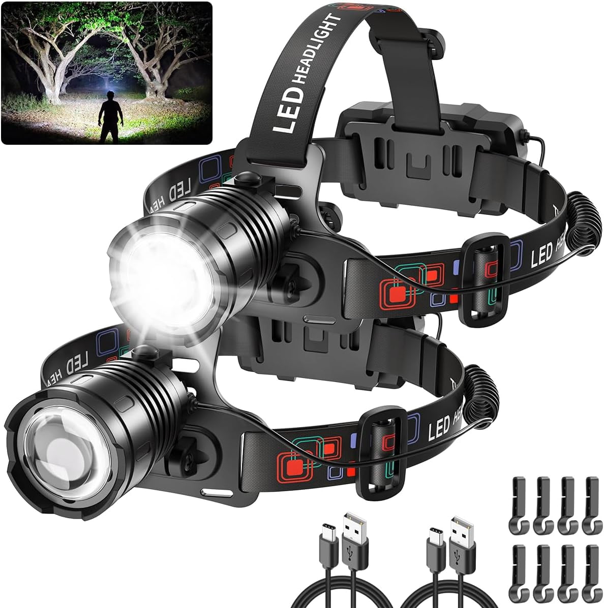 Rechargeable Headlamp 2Pack, 990,000LM Bright Head Lamp, 90°Angle Head ...