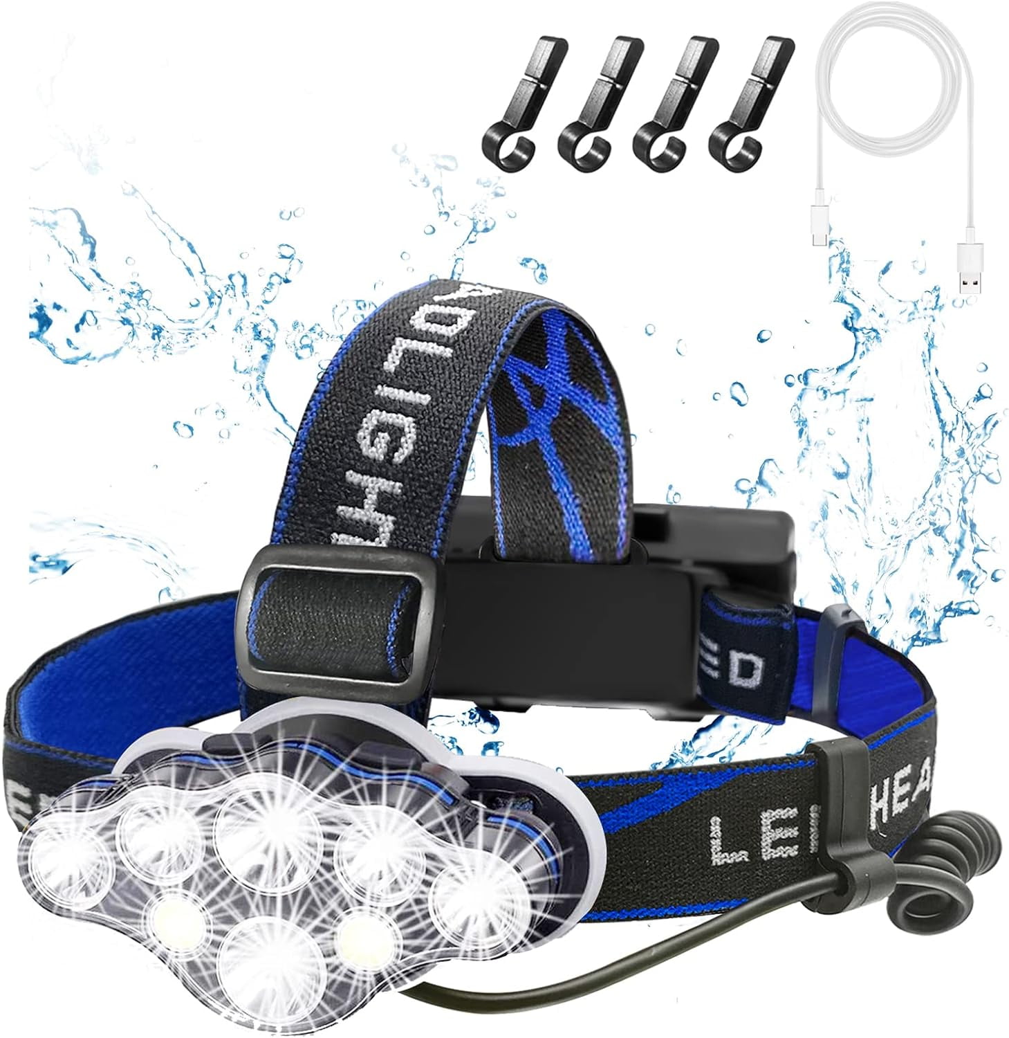 Rechargeable Headlamp, 8 LED 18000 Lumen Super Bright Waterproof ...