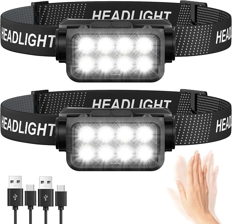 Rechargeable Headlamp Flashlight 2-Pack, 8 LED 2500 Lumen Ultra-Light ...
