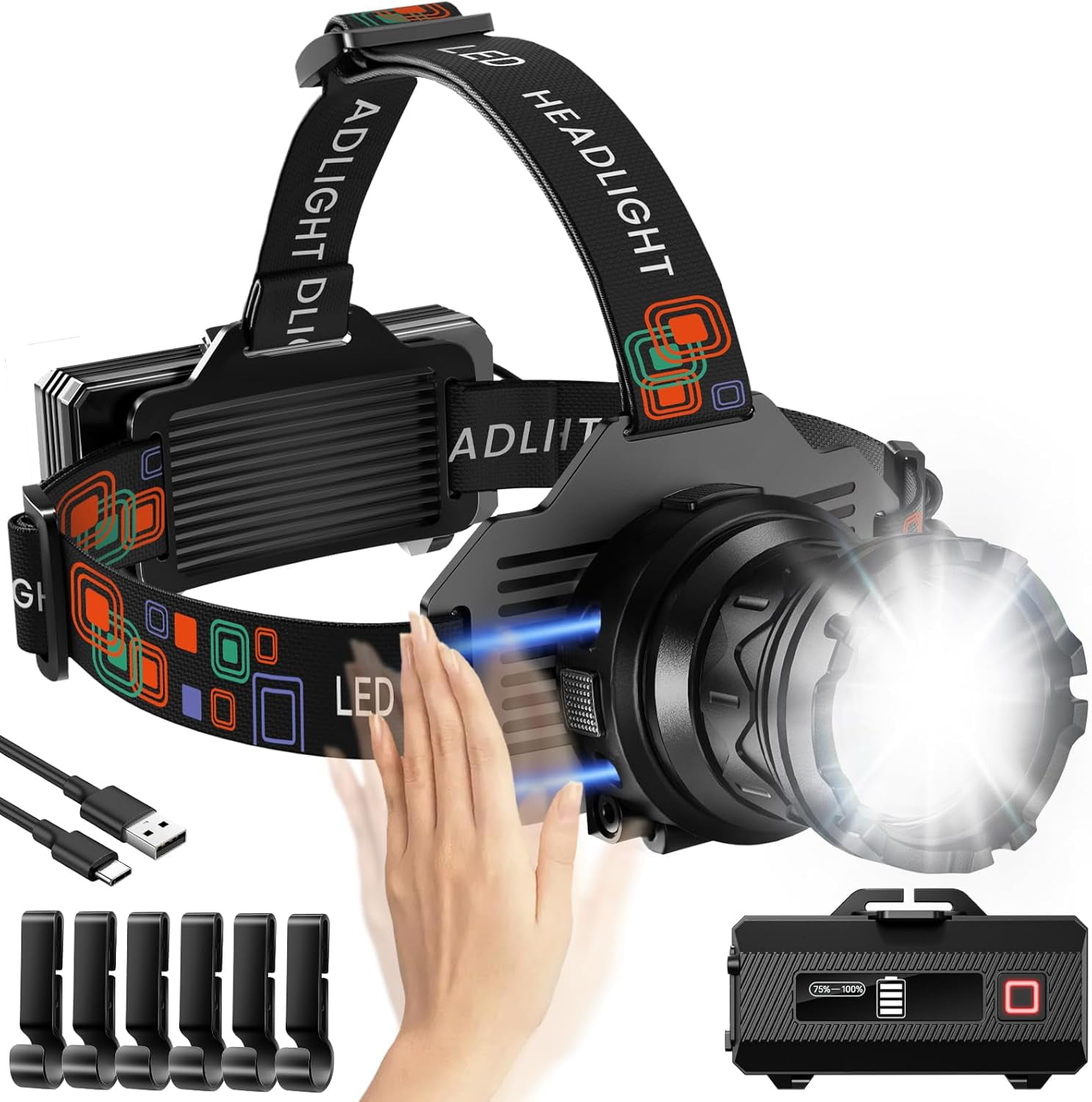 Rechargeable Headlamp Super Bright, Motion Sensor LED Head Lamp with 9 ...