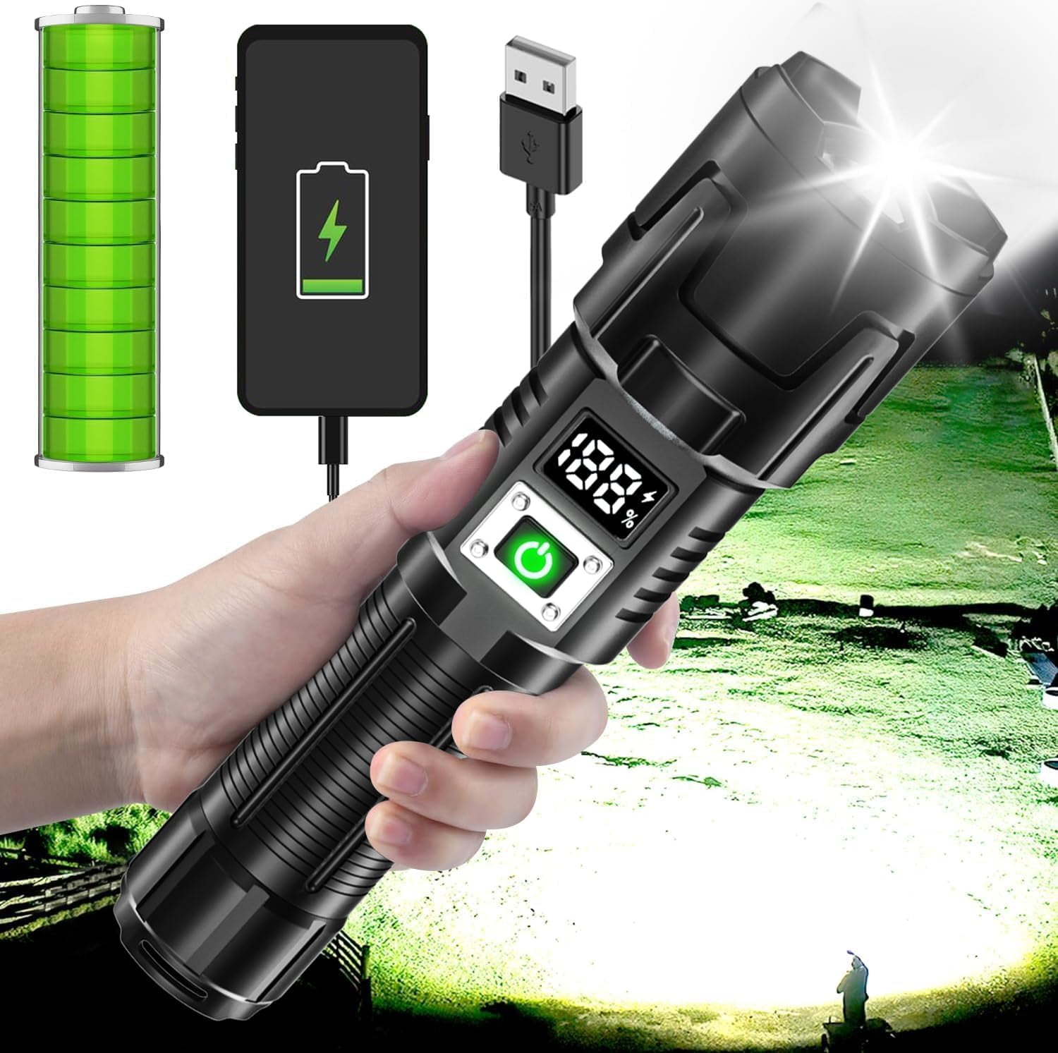 Rechargeable High Lumen LED Flashlight, 90,000 Lumens with Zoom, 3 ...