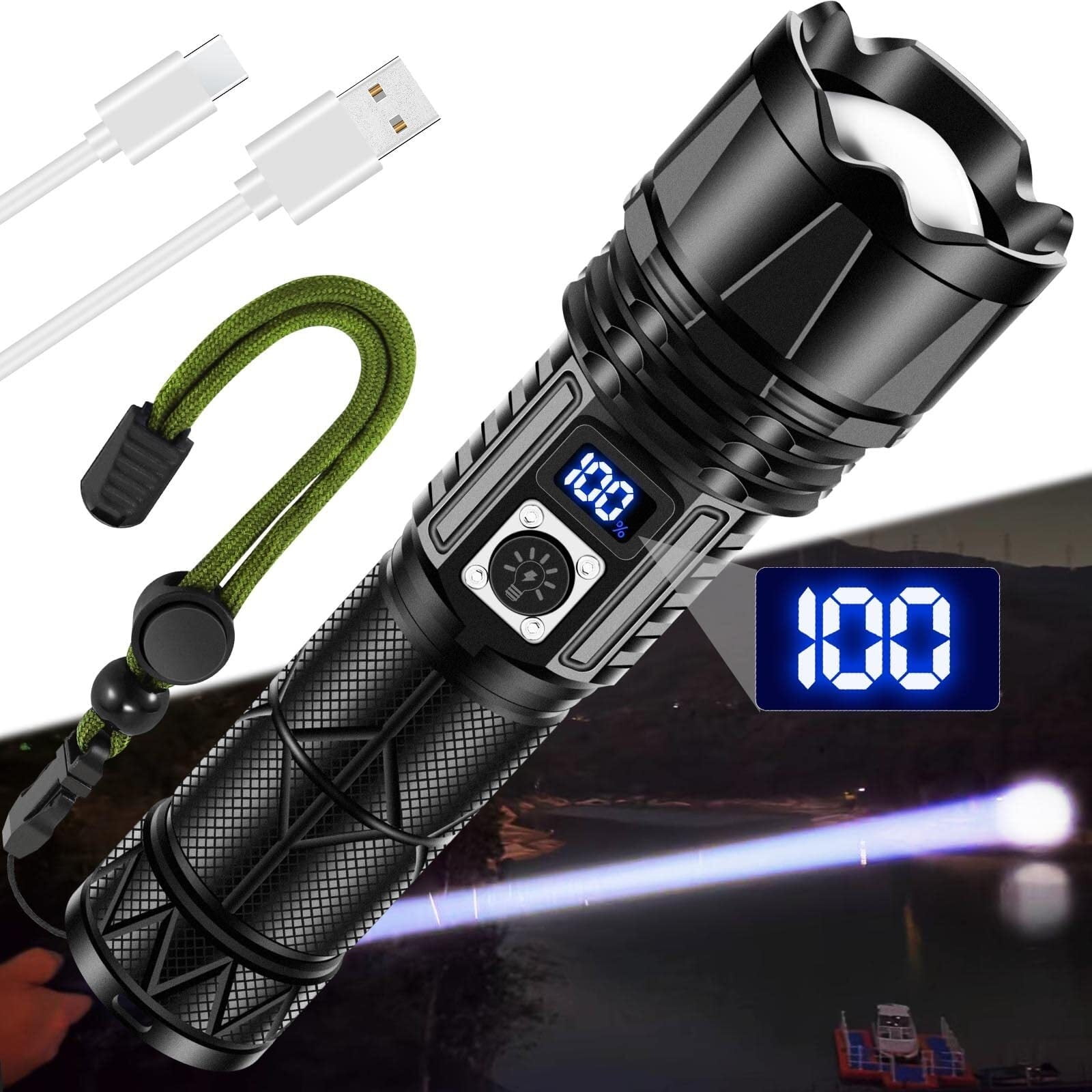 Rechargeable LED Flashlight 10000 Lumen, Super Bright Flashlight with ...