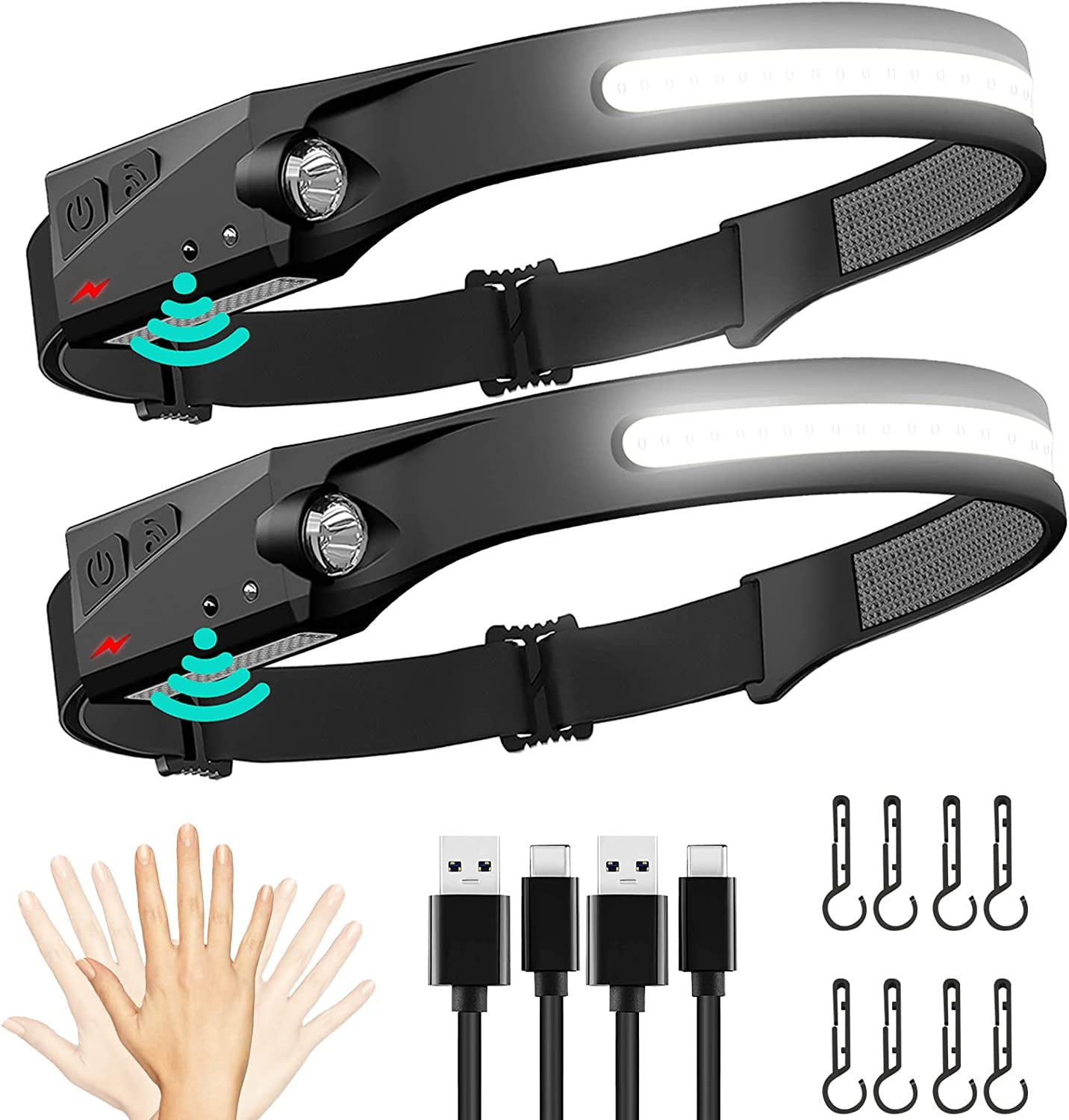 Rechargeable LED Headlamp 2 Pack, 230°Wide Beam Head Lamp with Motion ...