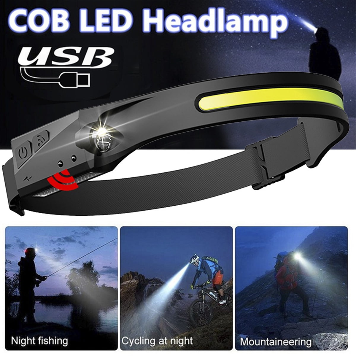 Rechargeable LED Headlamp,COB230° Wide Beam Headlamps, 5 Modes of ...