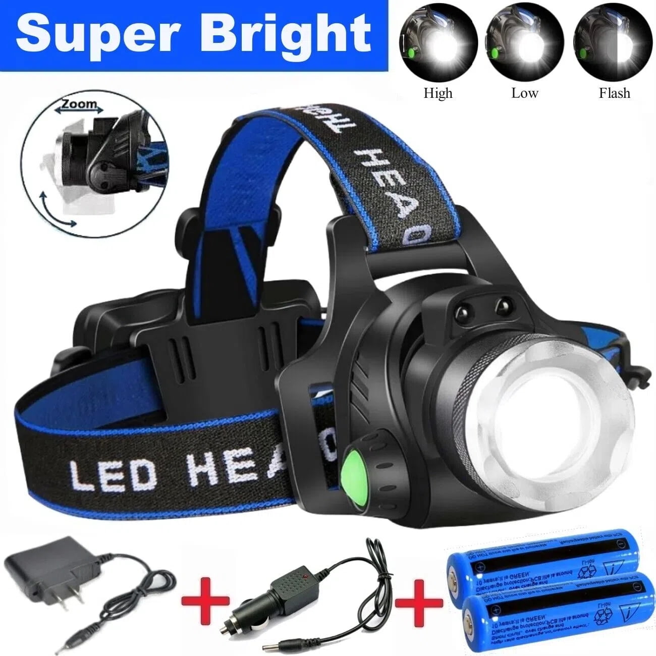 Rechargeable LED Headlamp Flashlight - High Lumens Zoomable Beam, Adjustable Head Strap ...