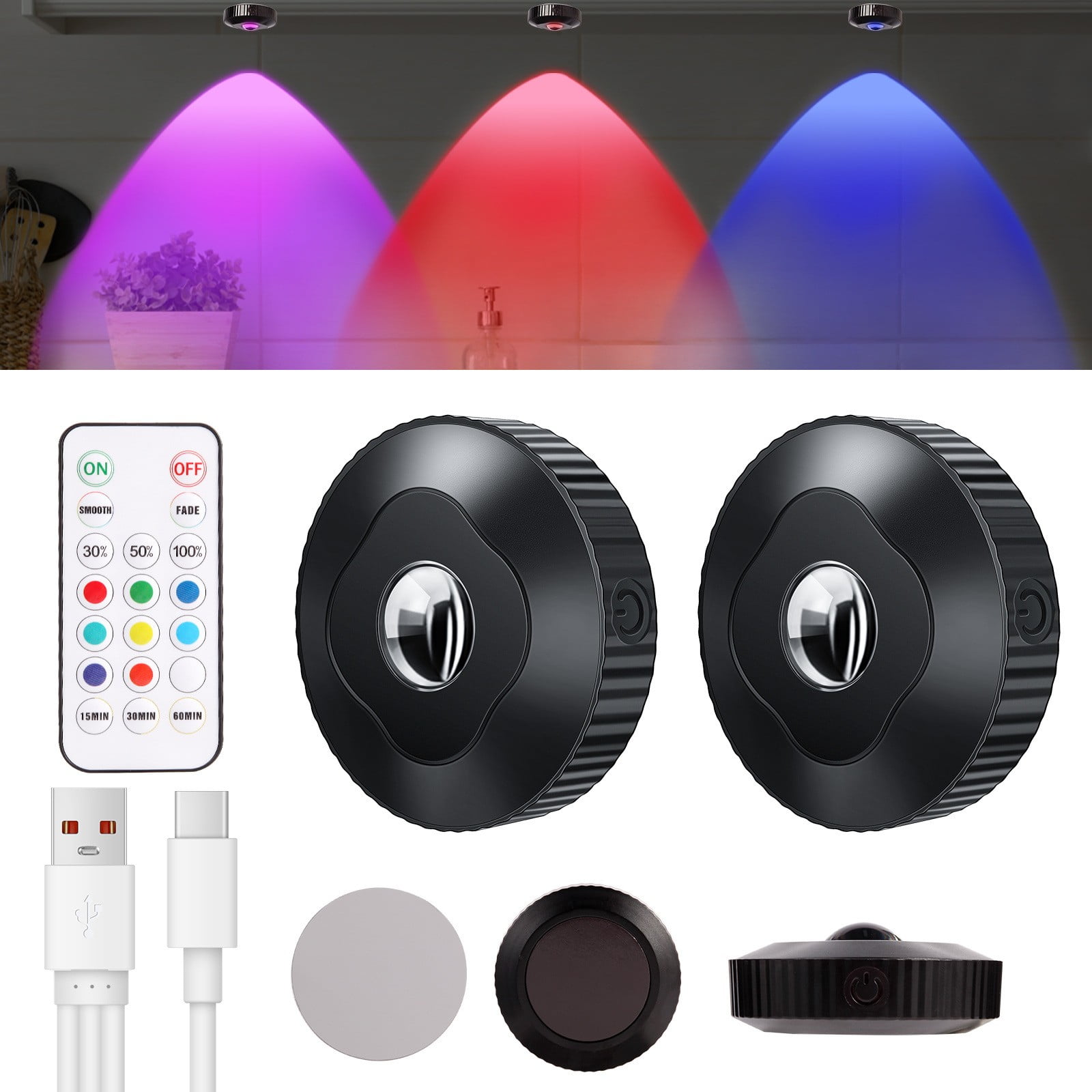 Rechargeable LED Puck Lights, 9 Colors RGB Under Cabinet Lights with ...