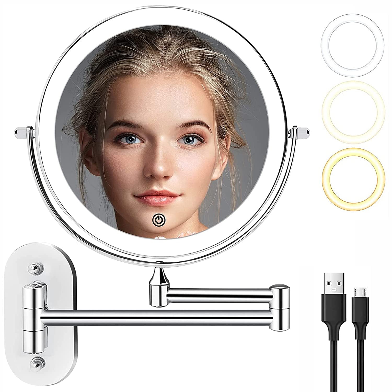Rechargeable LED Wall Magnifying Mirror, Wall Mounted 8'' Makeup Mirror ...