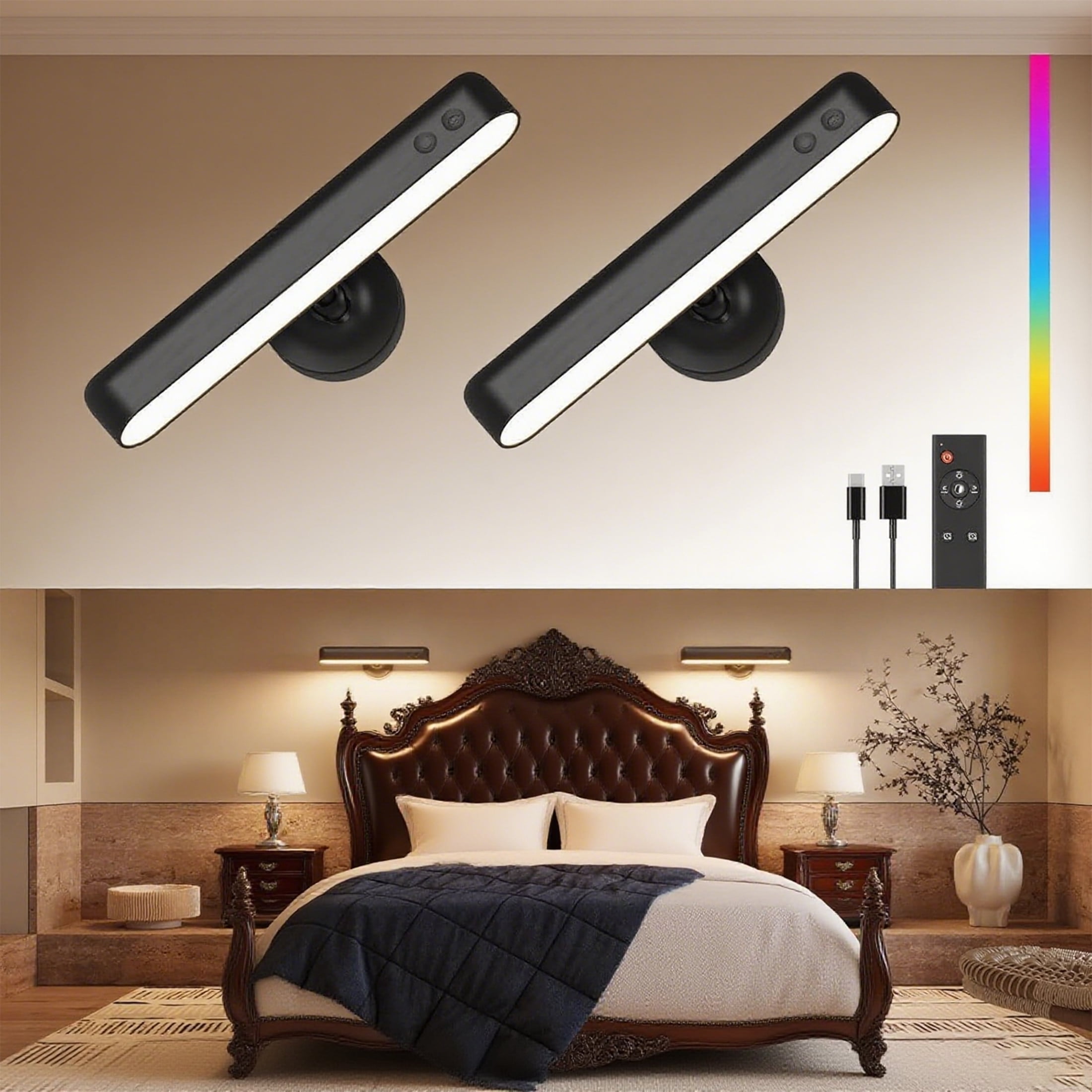 Rechargeable LED Wall Sconces for Bedroom,Wall Lights with Remote ...