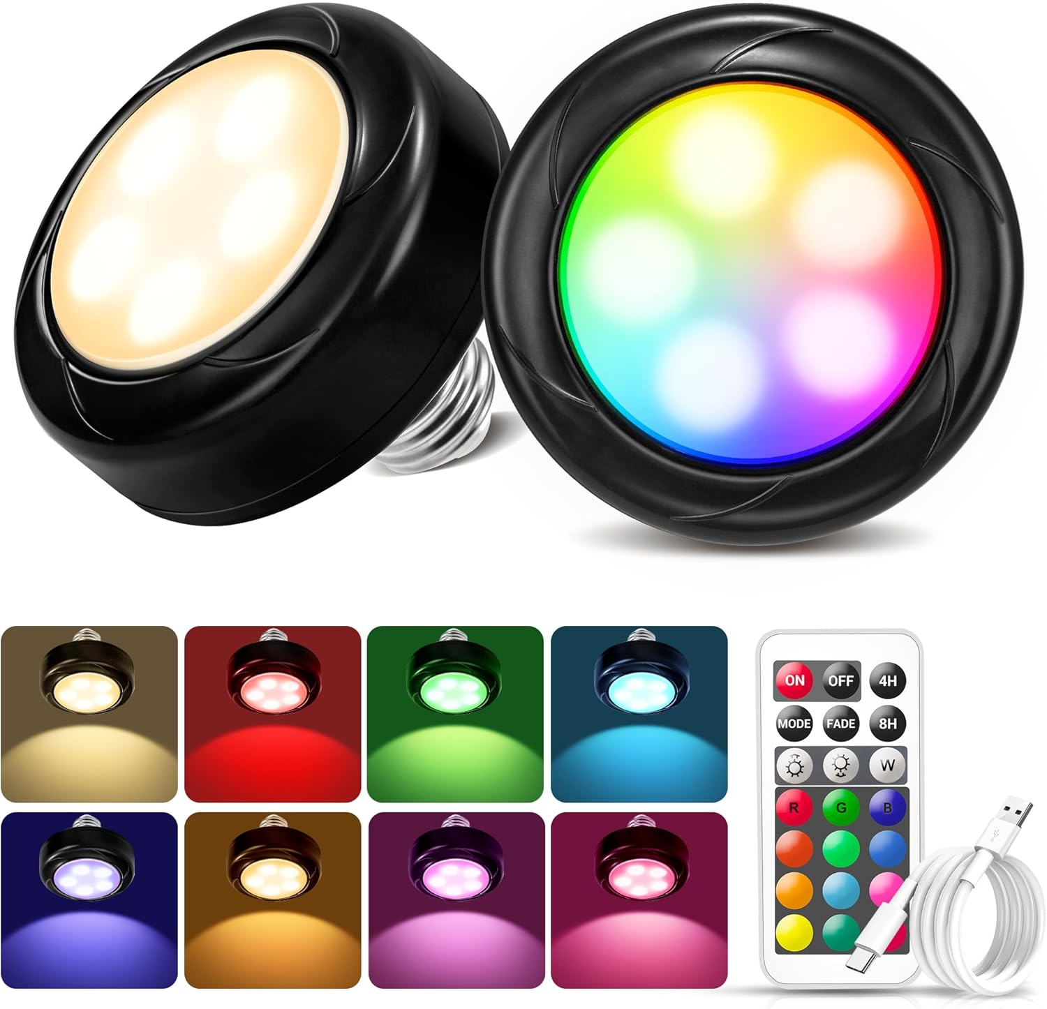 Rechargeable Light Bulbs [2 Count],13 RGB LED Tap Light, 1200mah ...